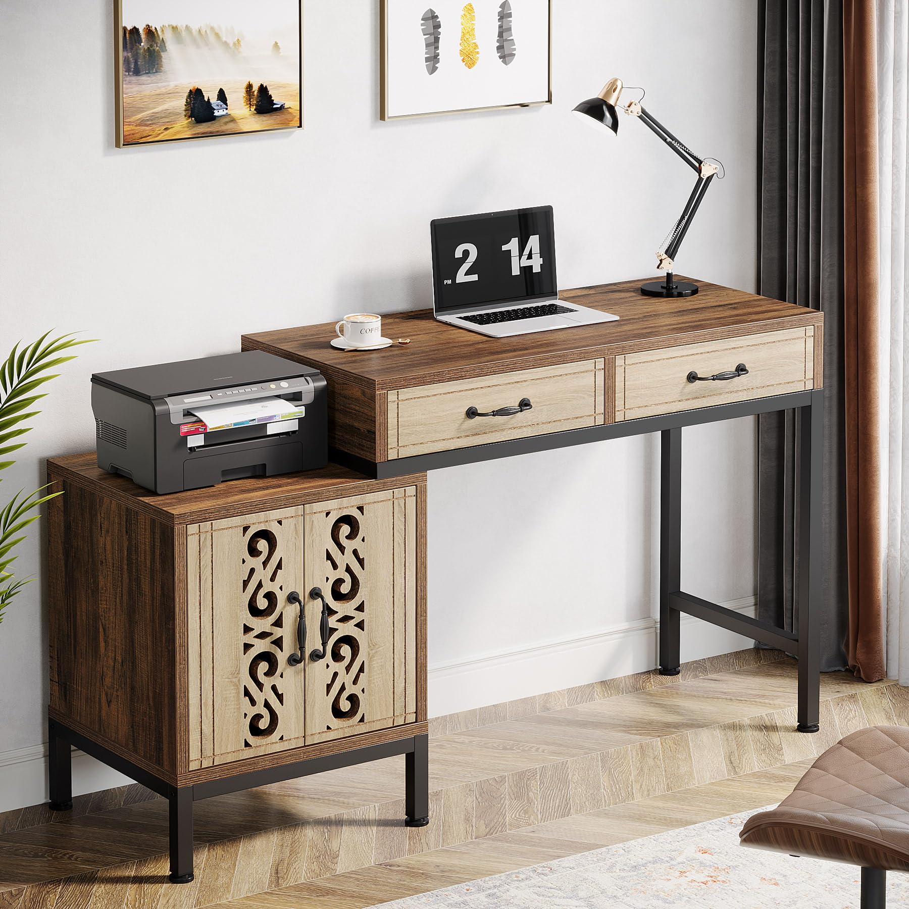 Tribesigns 55-Inch Computer Desk with Drawers, Home Office Desk with Storage Cabinet and Printer Space, Reversible Computer Desk Workstation for Home Office, Bedroom, Wood and Brown