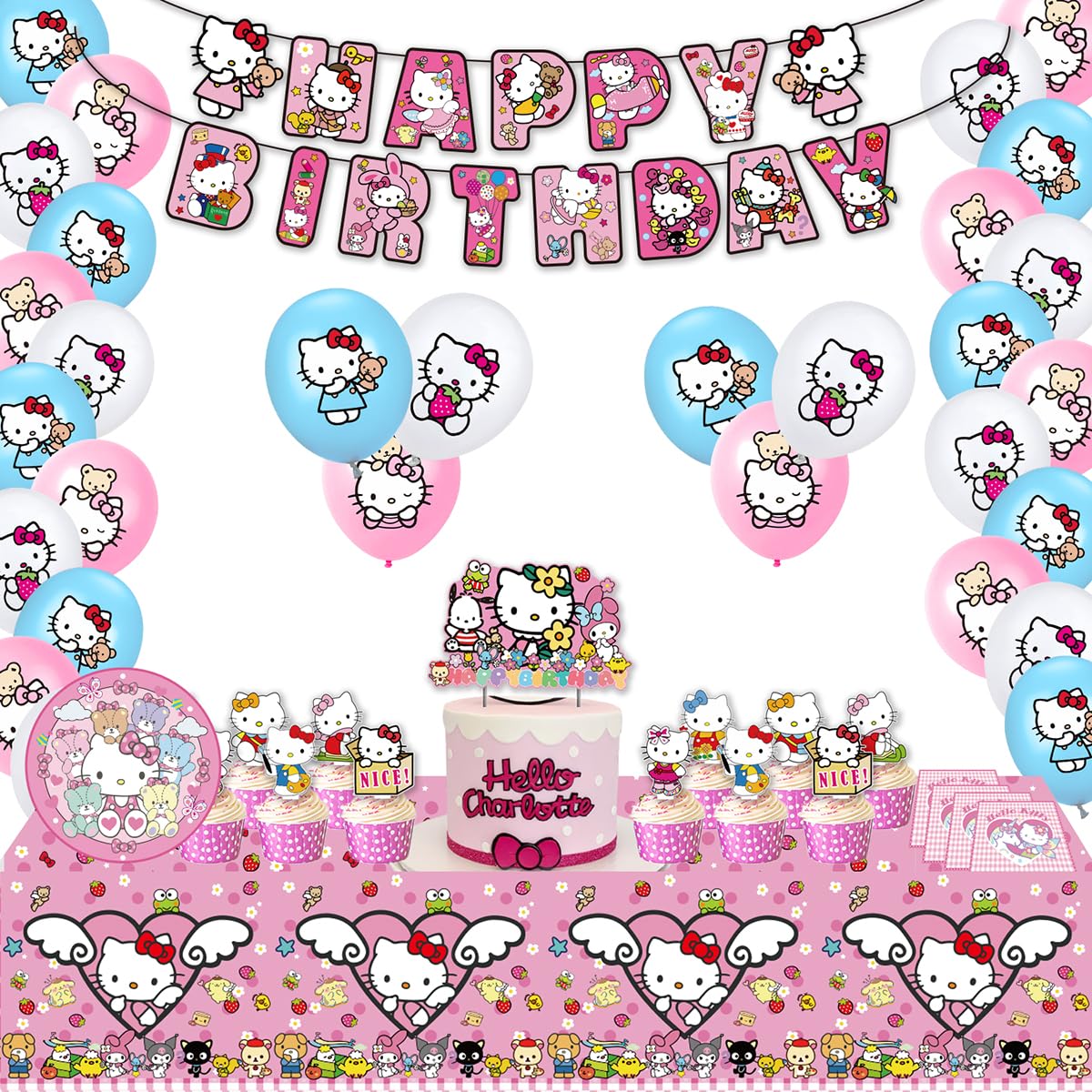 Kitty Birthday Decorations, Hello Kitty Birthday Party Supplies Include Banner, Ballons, Tablecloth, Cake Toppers, Cupcake Toppers, Plates for Kitty Themed Party