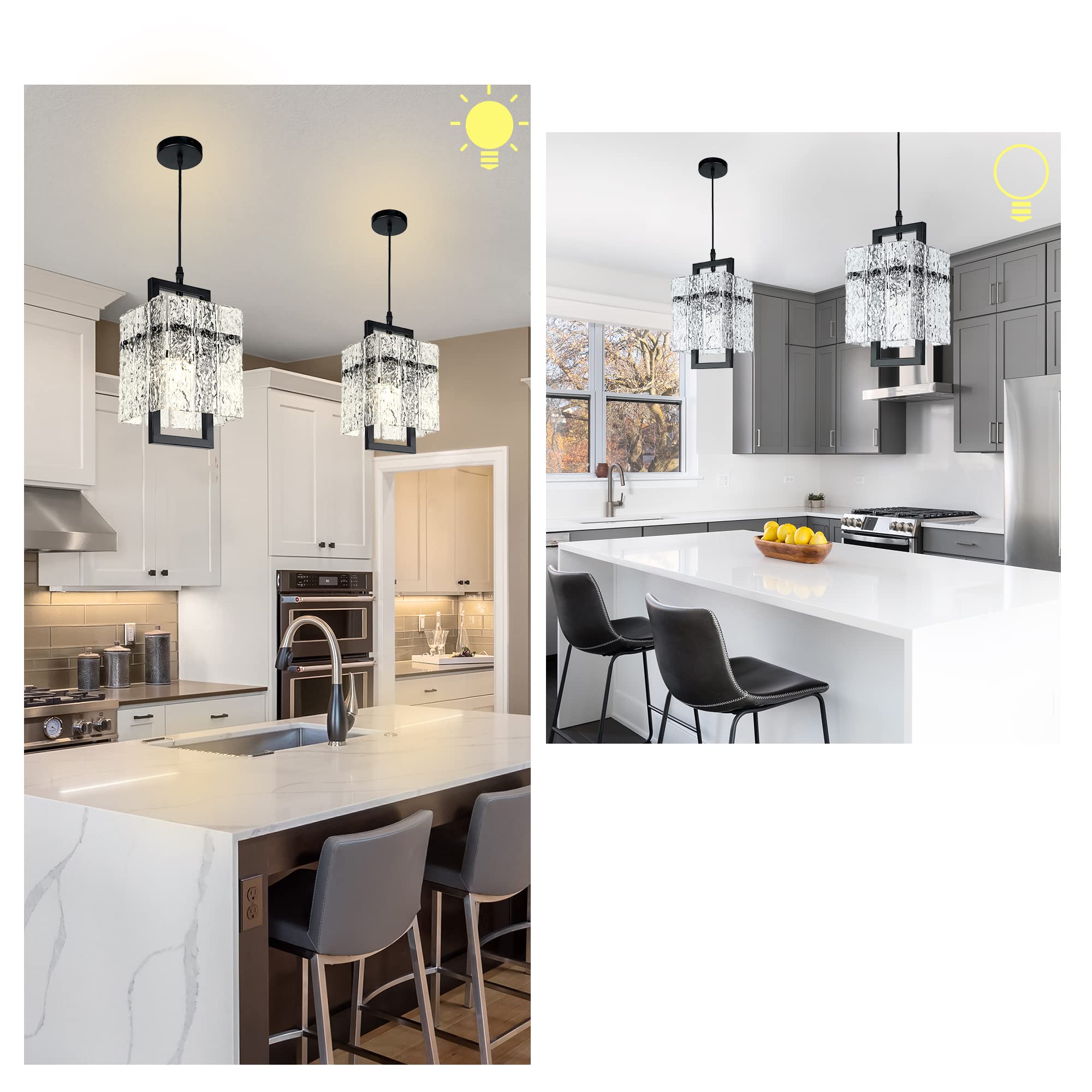 IKK Black Crystal Pendant Light for Kitchen Island, Luxury Water Ripple Glass Chandelier Lights Fixture, Modern Elegant Adjustable Pendant Lighting for Dining Room Bedroom, E12 Bulb, L6.5'' x H11.8''