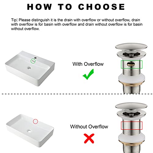 Pop up Sink Drain Stopper with Overflow Brushed Nickel for Bathroom Vessel Vanity Sink Art Basin,Big Cap Sink Drain with Overflow, Metal Pop-up Drain Strainer with Detachable Basket Stopper