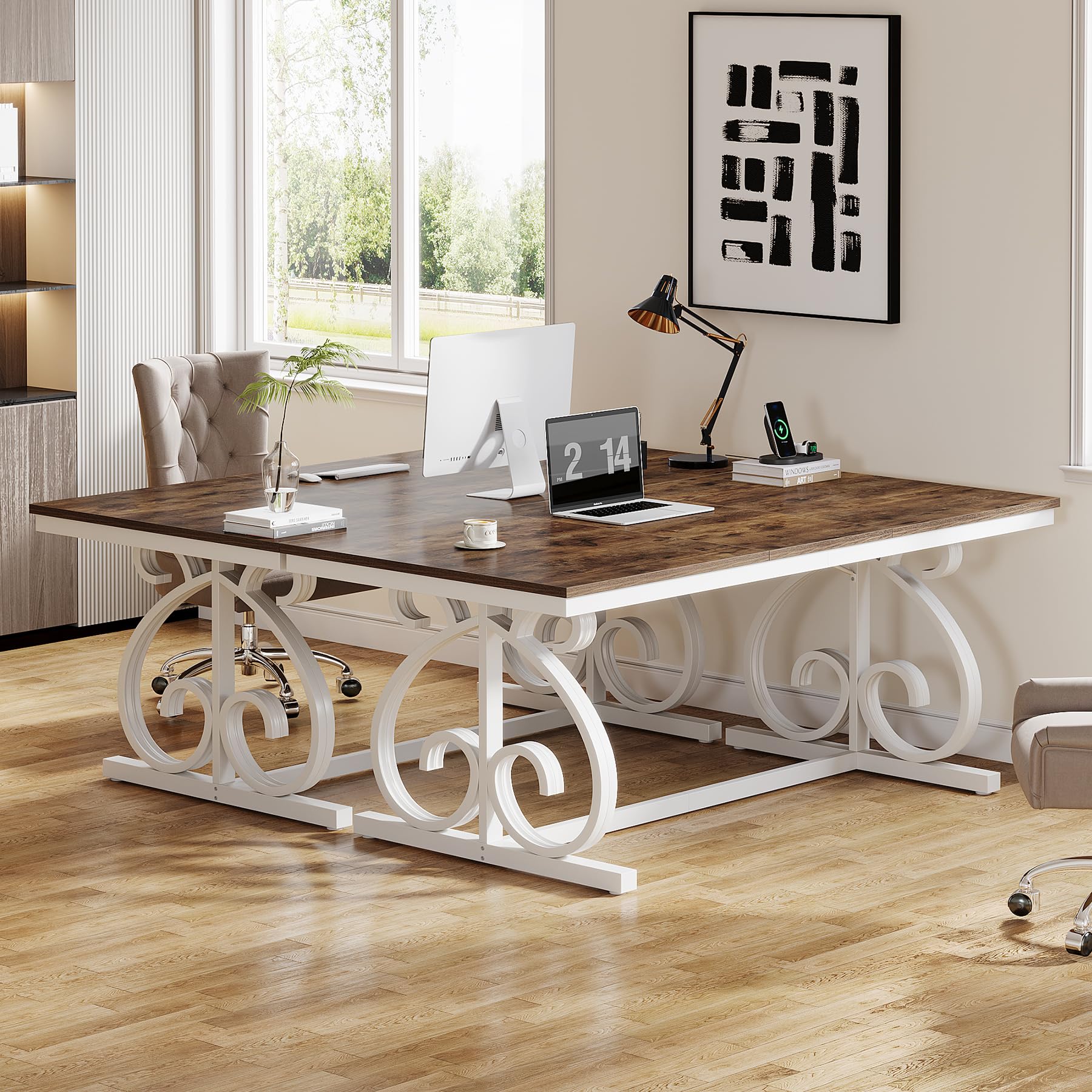 Tribesigns 63-Inch Executive Office Desk: Large Computer Desk with Metal Legs, Wood Modern Office Desk Writing Desk Workstation for Home Office, Brown + White