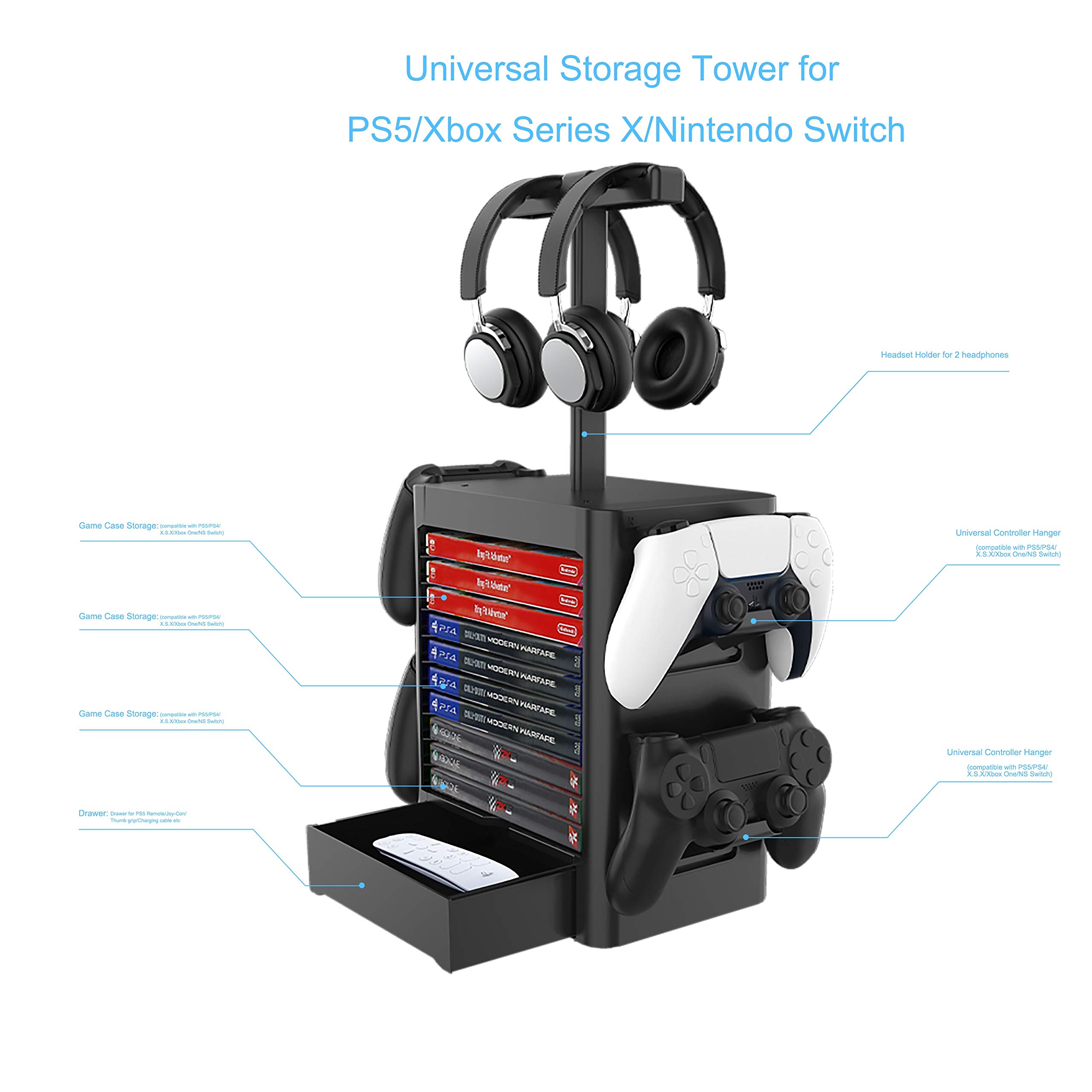 JOYTORN Games Storage Tower(Up to 10 Games) for PS5,Game Disk Rack and Controller/Headset Stand Holder Compatible with Xbox Series X/Nintendo Switch/PS4