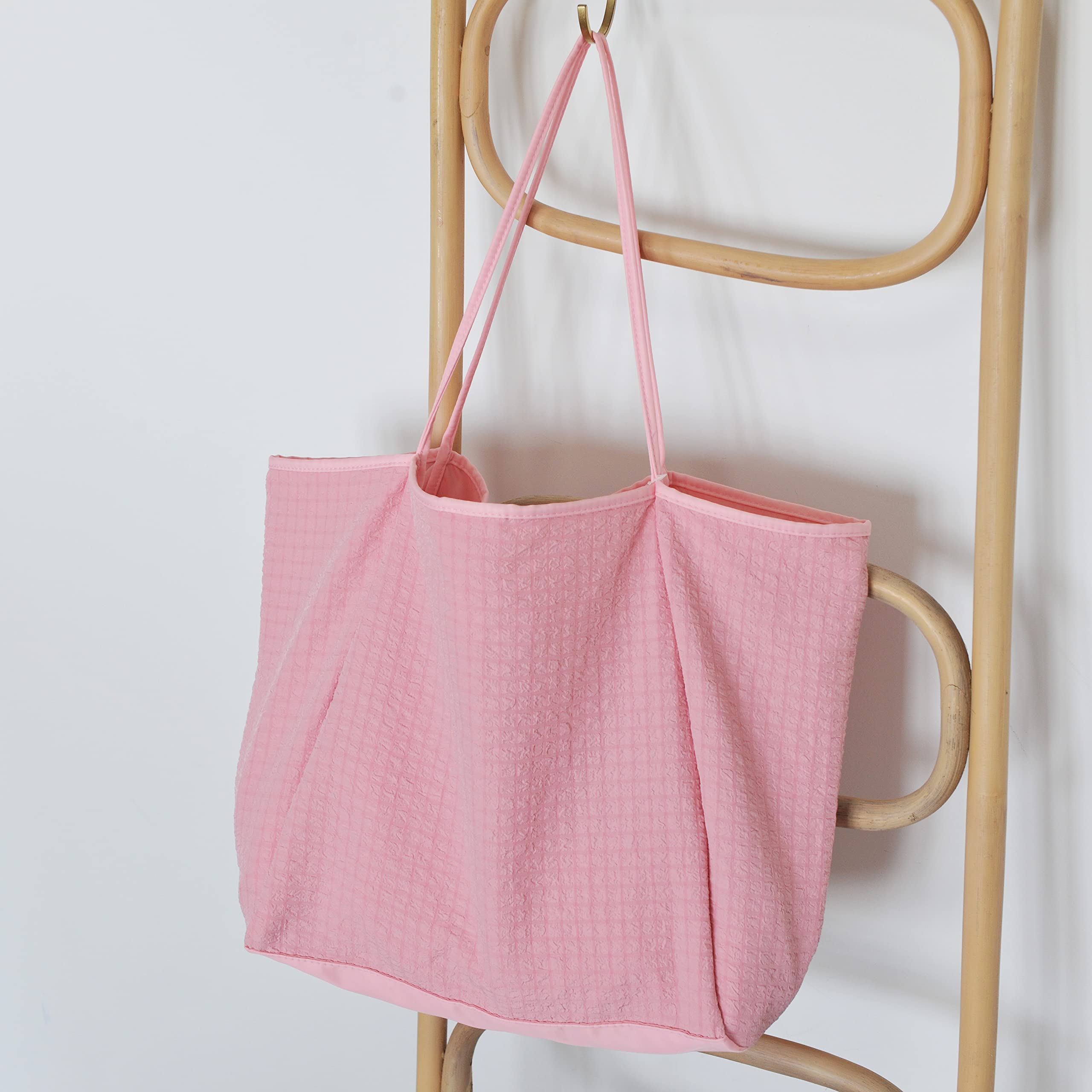 Lightweight Tote Womens Seersucker Shoulder Handbag Foldable Carryall Bag (Pink)