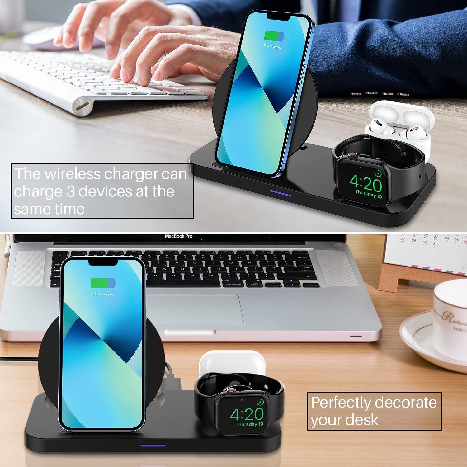 KKM Wireless Charger, 3 in 1 Qi-Certified Fast Wireless Charging Station Compatible with iPhone 14 Pro/14 Pro Max/14/14 Plus/13/12/11/XS, Charging Stand Dock for Apple Watch & AirPods (with Adapter)