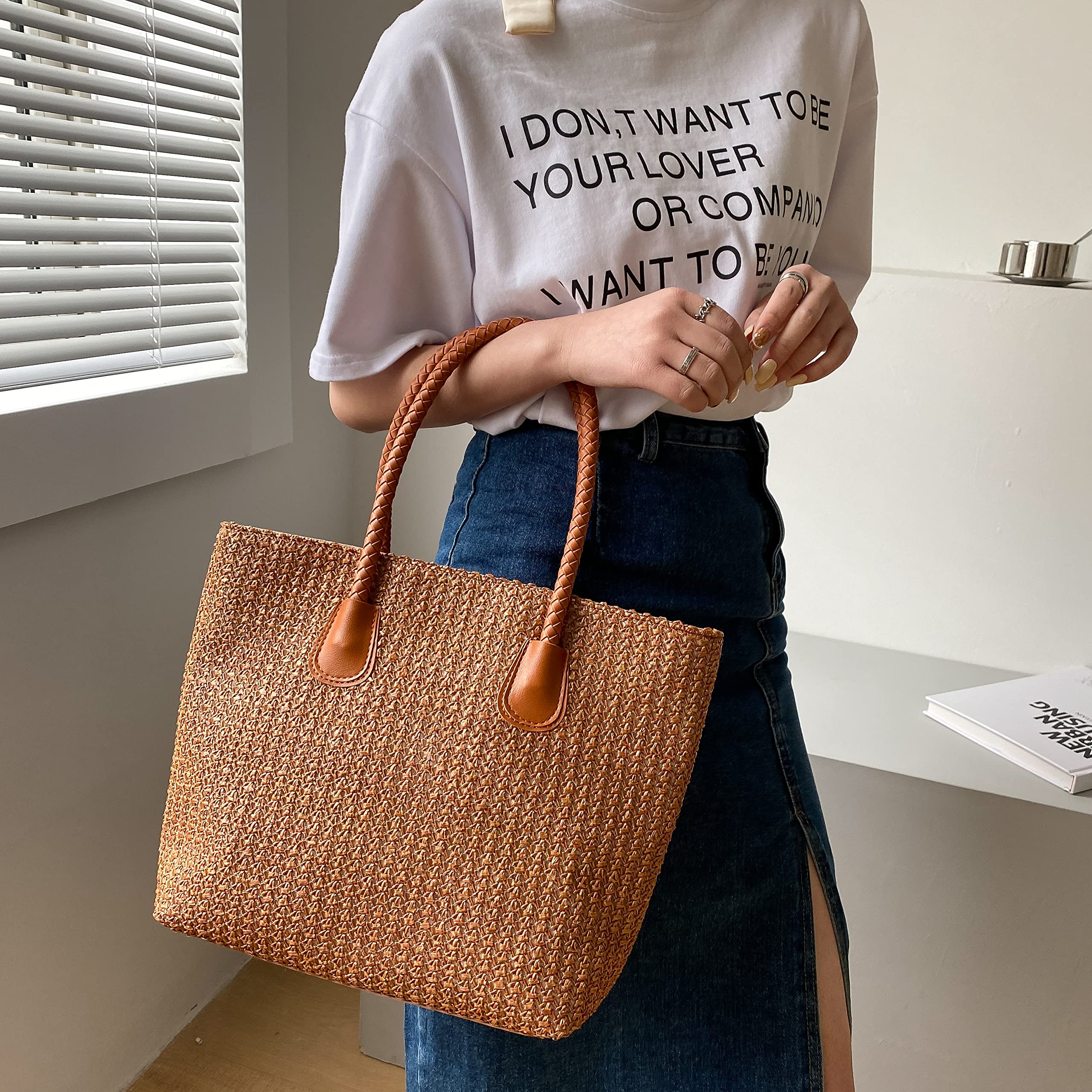 OWGSEE Straw Beach Bag, Summer Vacation Straw Woven Tote Bag Beach Purse Weaving Shoulder Handbags (Beige)