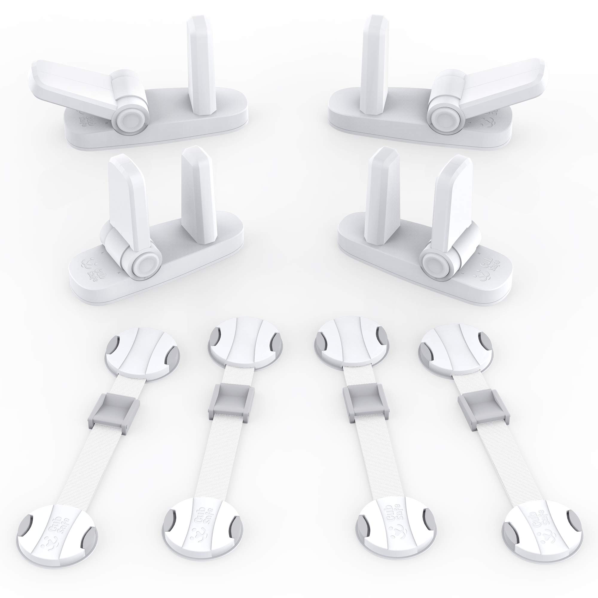 Improved Childproof Door Lever Lock (4 Pcs) and Multipurpose Safety Straps (4 Pcs) with Adjustable Strap and 3M Adhesive. Toddler Proofing. No Tools Required.