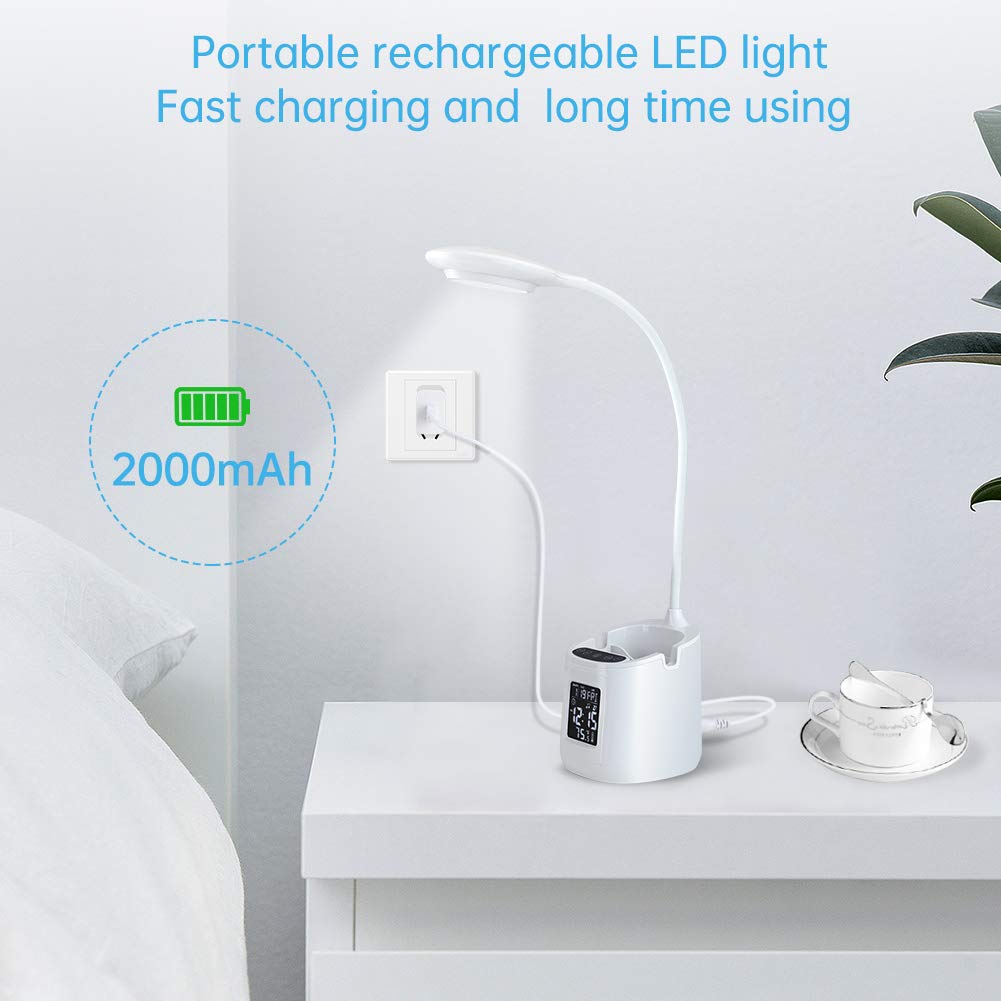 KKUYI LED Desk Lamp with Pencil Holder, Kids Desk Lamp with Clock, 3 Brightness Boys Lamp with Organizer Dimmable Table Lamp for Teens, Rechargeable Study Lamp for Home and Office