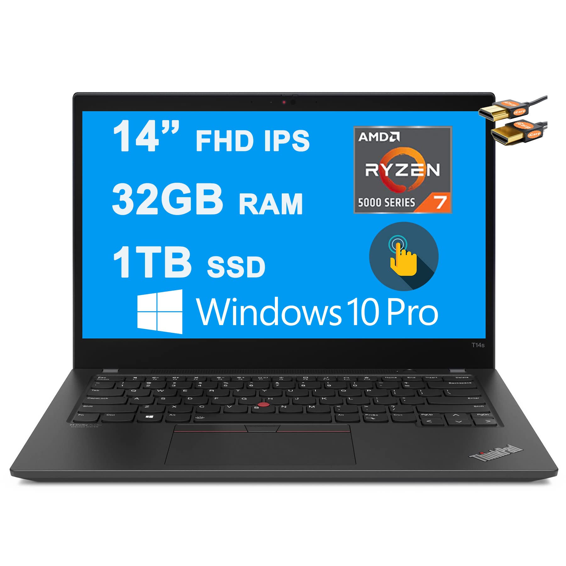 Lenovo ThinkPad T14S Gen 2 Business Laptop 14” FHD IPS Touchscreen (500 nits) AMD 5000 Series Octa-core Ryzen 7 Pro 5850U 32GB RAM 1TB SSD Fingerprint Backlit Keyboard USB-C Win10Pro + HDMI Cable