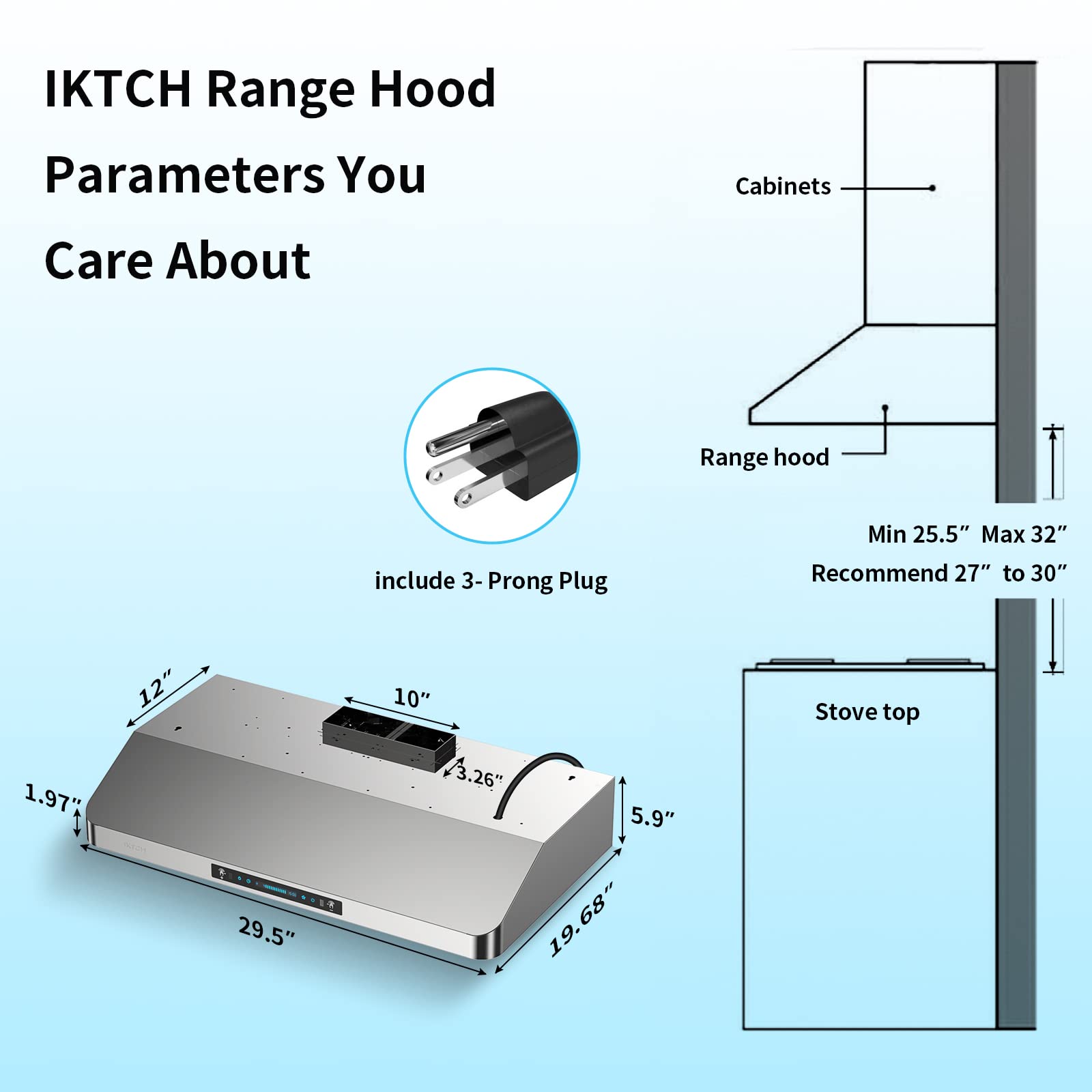 IKTCH 30 inch Under Cabinet Range Hood, 900 CFM Range Hood with 4 Speed Gesture Sensing&Touch Control Panel, Stainless Steel Range Hood 30 inch with 2 Pcs Baffle Filters