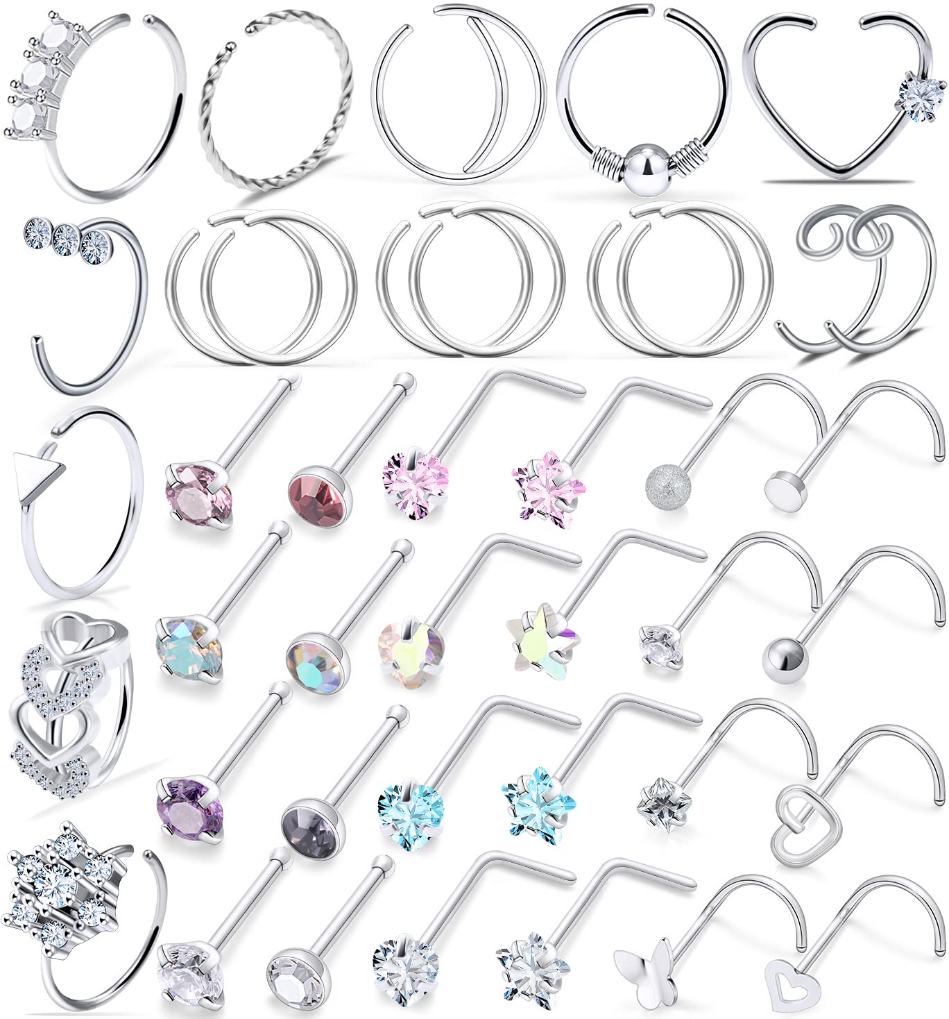 Kridzisw 18g Nose Ring Hoop Stud Piercing Jewelry for Women 316L Stainless Surgical Steel L Shaped Bend Straight Silver Nose Nostril Ring Hoop Stud Pin Bone Earring Piercing Jewelry women Men 8mm 2mm