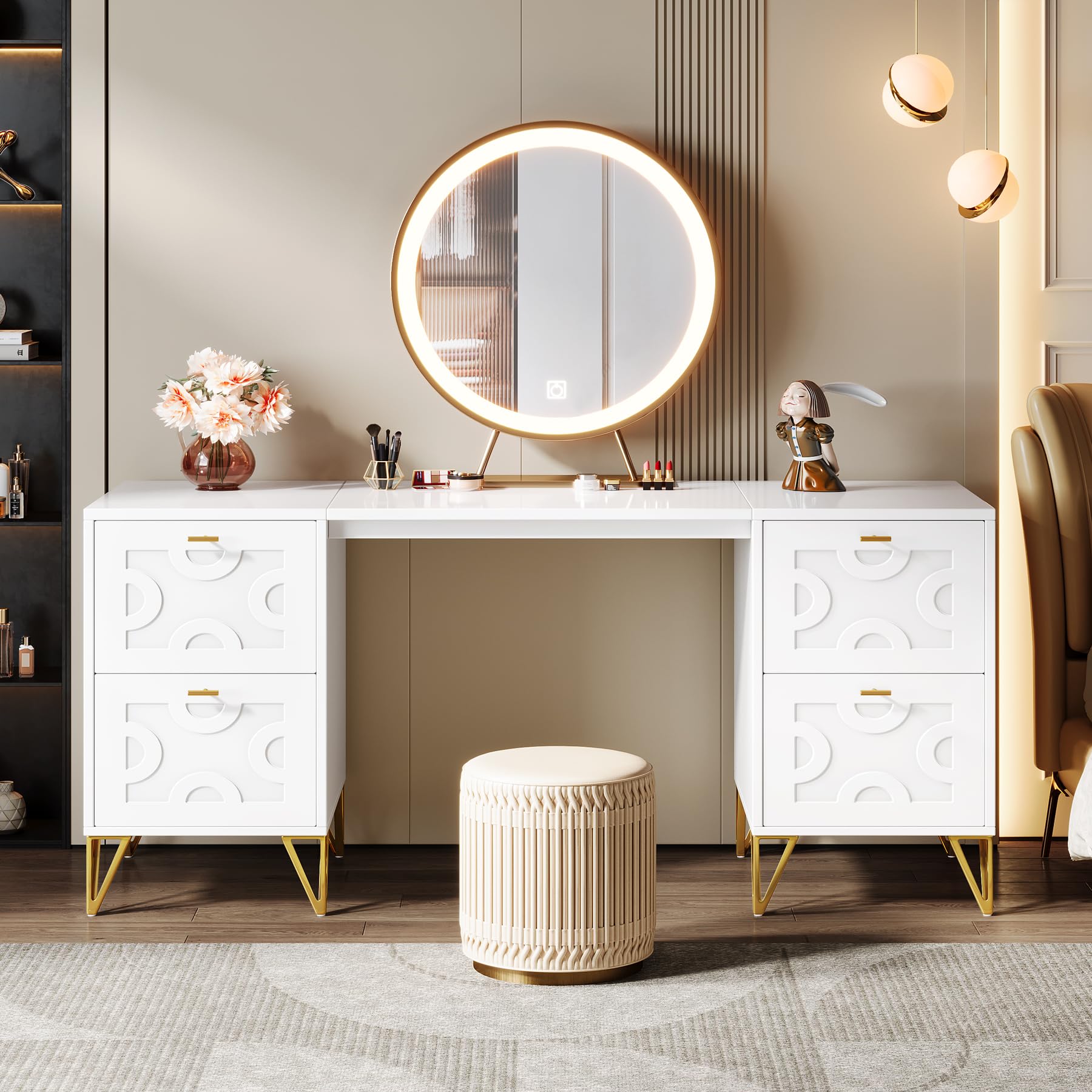 Tribesigns White and Gold Desk with Drawers, 59'' Modern Computer Desk with File Drawers, Work Desk with Storage, Simple Wood Desk with Gold Legs, Large Workstation for Home Office