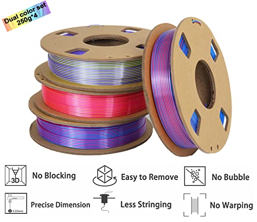 Taiyiyun 3D PLA Filament 1.75mm Bundle, Dual Color Filament PLA Dimensional Accuracy +/- 0.03 mm 3D Printing Filament, Color Changing PLA Silk Filament 250g*4 Spools