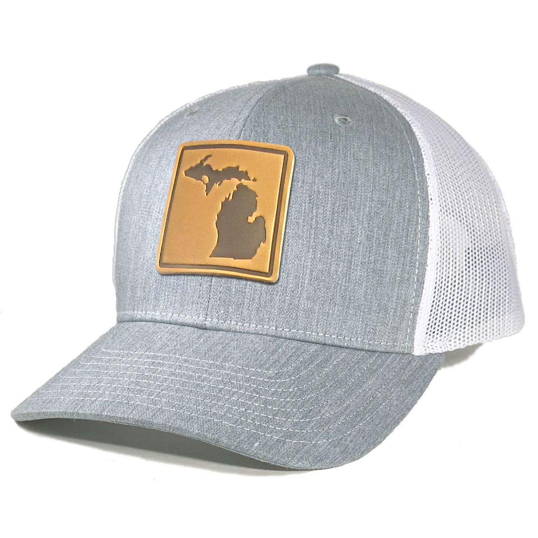 Homeland Tees Men's Michigan Leather Patch Trucker Hat - Heather Grey/hite