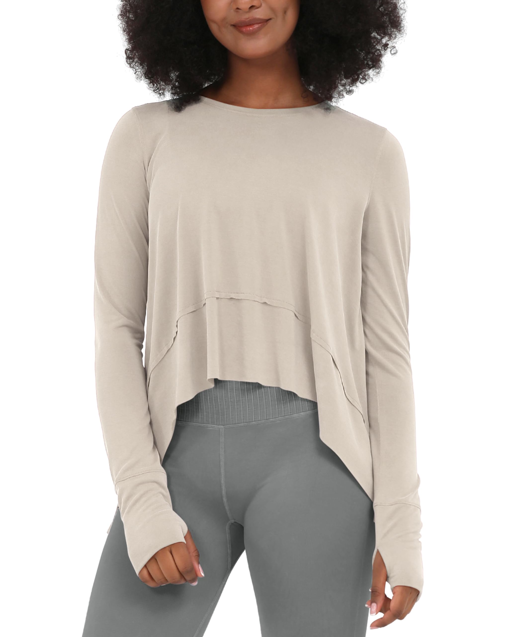ODODOS Soft Modal Long Sleeve Crop Top for Women with Thumb Hole Athletic Gym Workout Cropped Yoga Shirts, White, Large