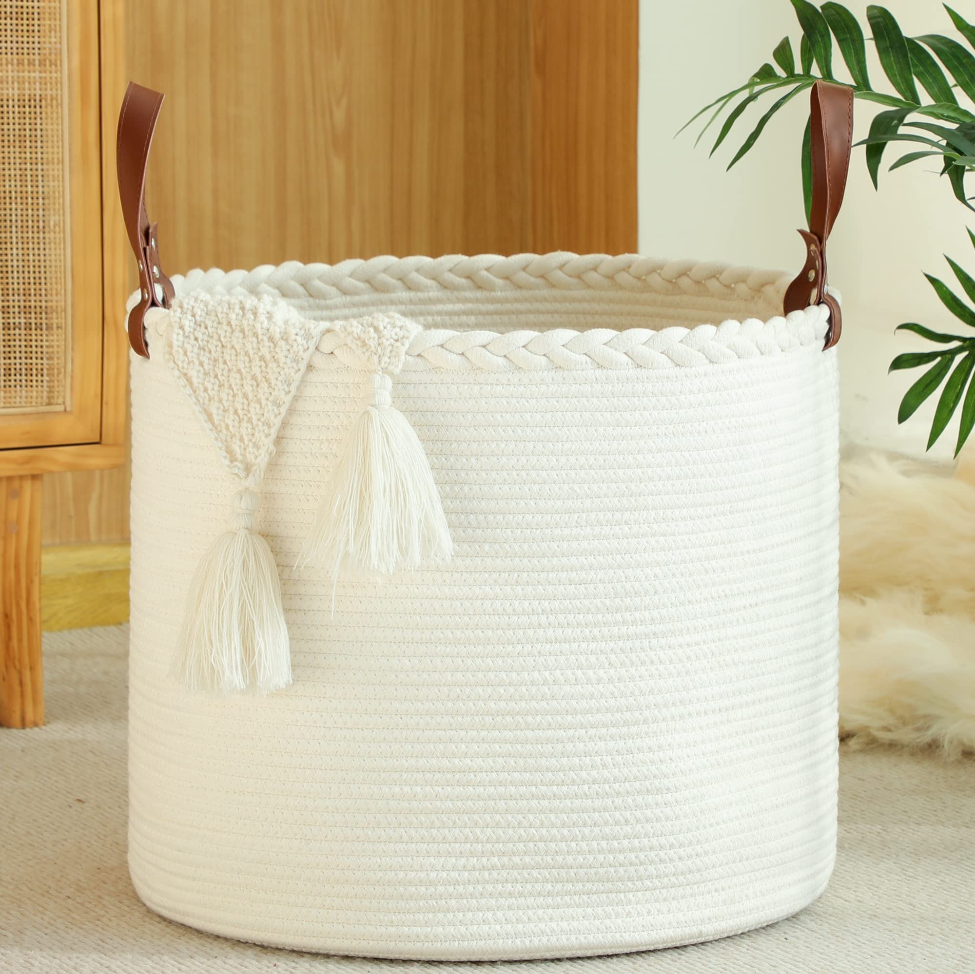 KAKAMAY Large Cotton Rope Blanket Basket (18"x16"),Woven Baby Laundry Hamper,Blanket Basket for Nursery, Laundry, Living Room, Pillows, Toys with Leather Handles (White)