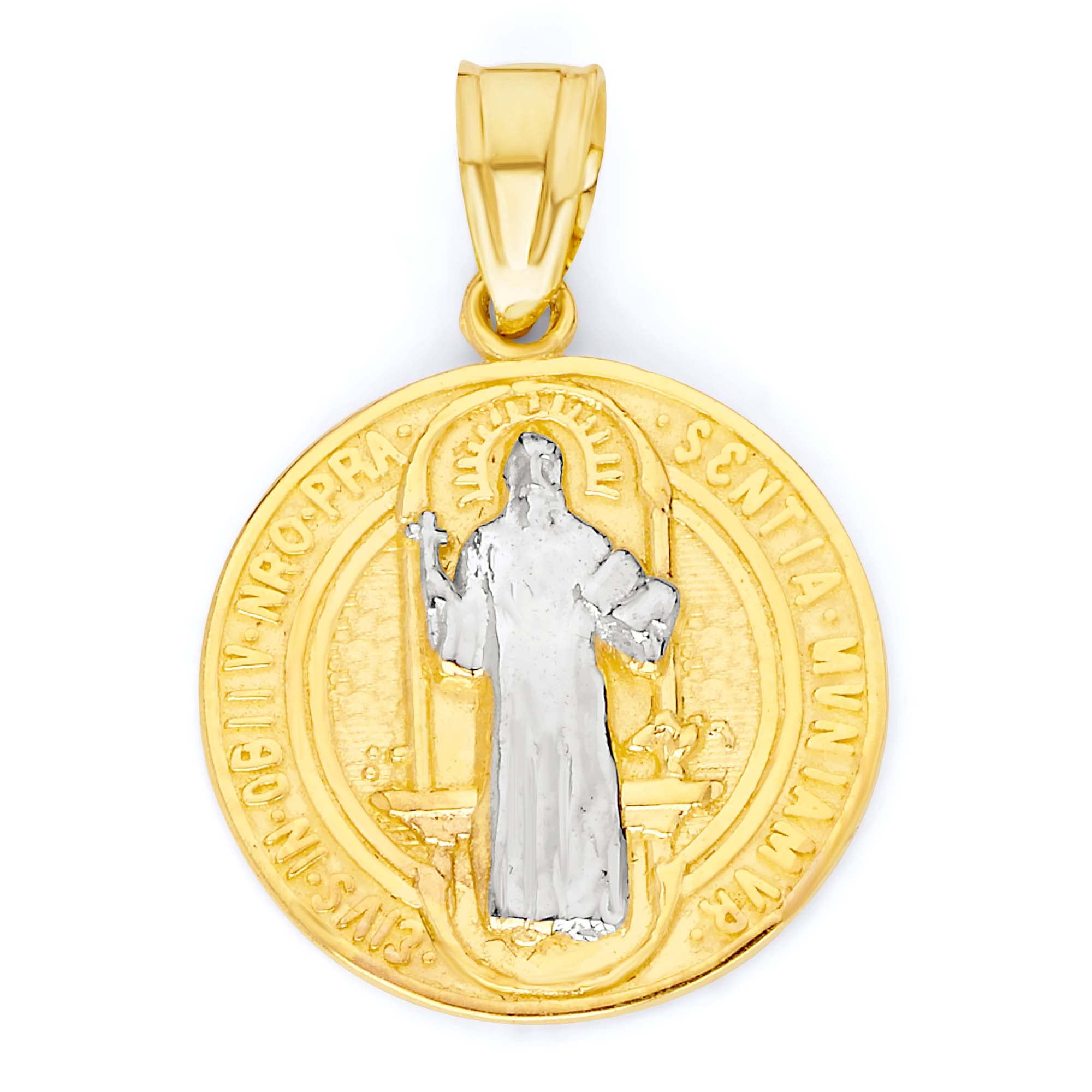 Ice on Fire Jewelry Dainty 10k Yellow Gold Round San Benedict of Nursia Medallion