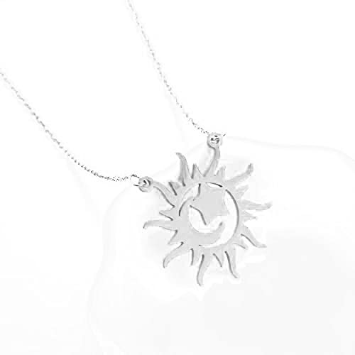 Mountain Forest Necklace Personalized Geometric Round Stainless Steel Hollow Pendant Clavicle Chain Ladies Necklace (Sun-Silver 2)