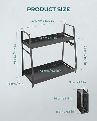 OROPY 2 Tier Spice Rack for Countertop, Height Adjustable Metal Standing Kitchen Storage Organizer Shelf, Counter Shelf for Cabinet,Pantry,Bathroom,Bedroom, with Hanging Basket