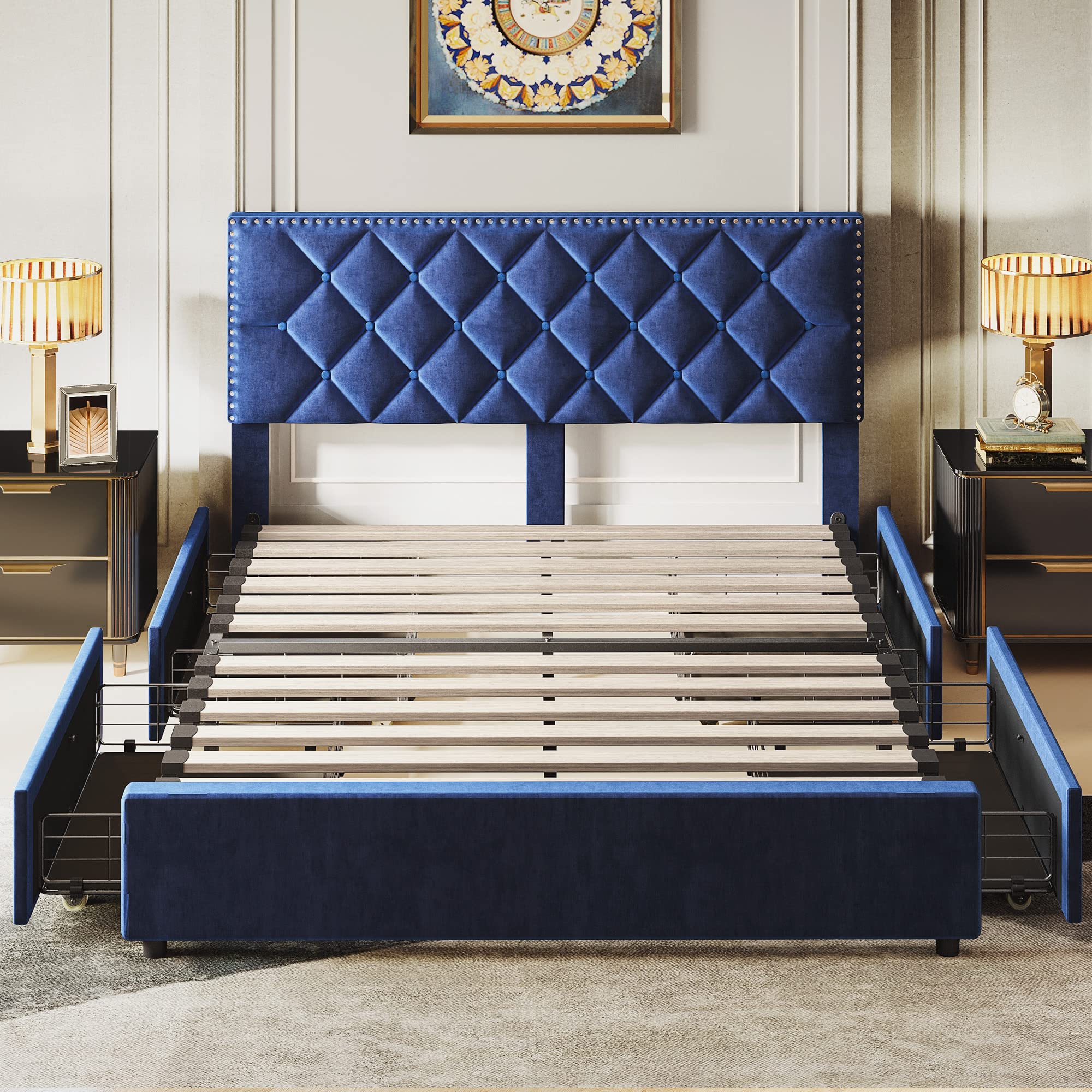 LIKIMIO Queen Bed Frame with 4 Storage Drawers, Velvet Upholstered Headboard with Button Tufted & Rivets, Easy Assembly, No Box Spring Needed (Blue, Queen)