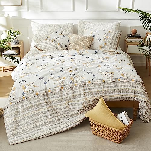 WRENSONGE King Size Comforter Set, 8 Pieces Floral Comforter Set with Sheets for King Size Bed, Yellow Flower & Stripe Bedding Set with Decor Pillow, Soft Breathable Microfiber for All Seasons