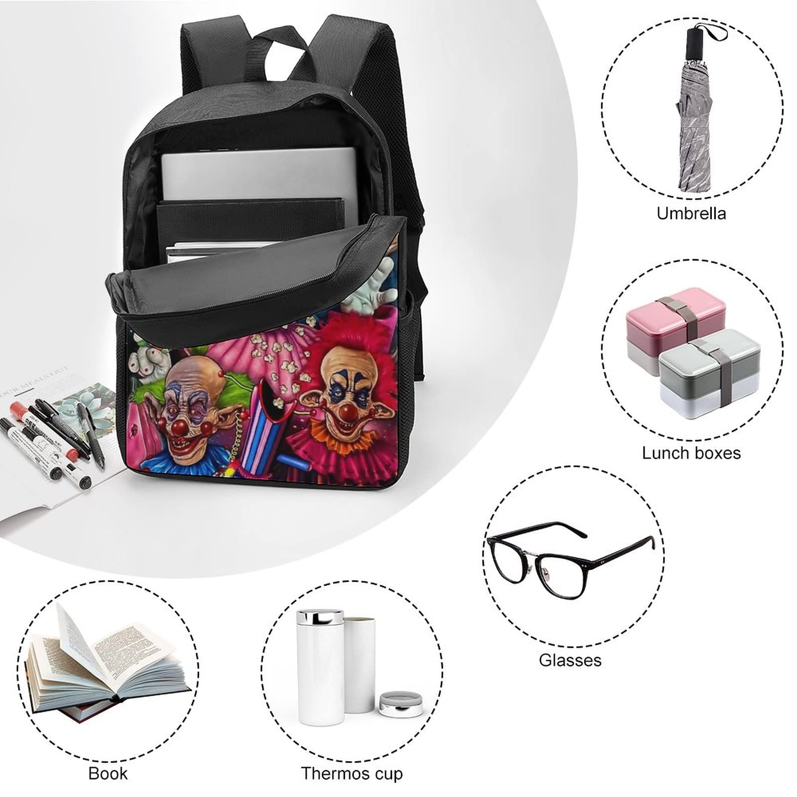 Killer Klowns from Outer Space Anime Backpack 17 Inch Cute Funny Bookbag Casual Laptop Daypack for Travel Picnic Camping