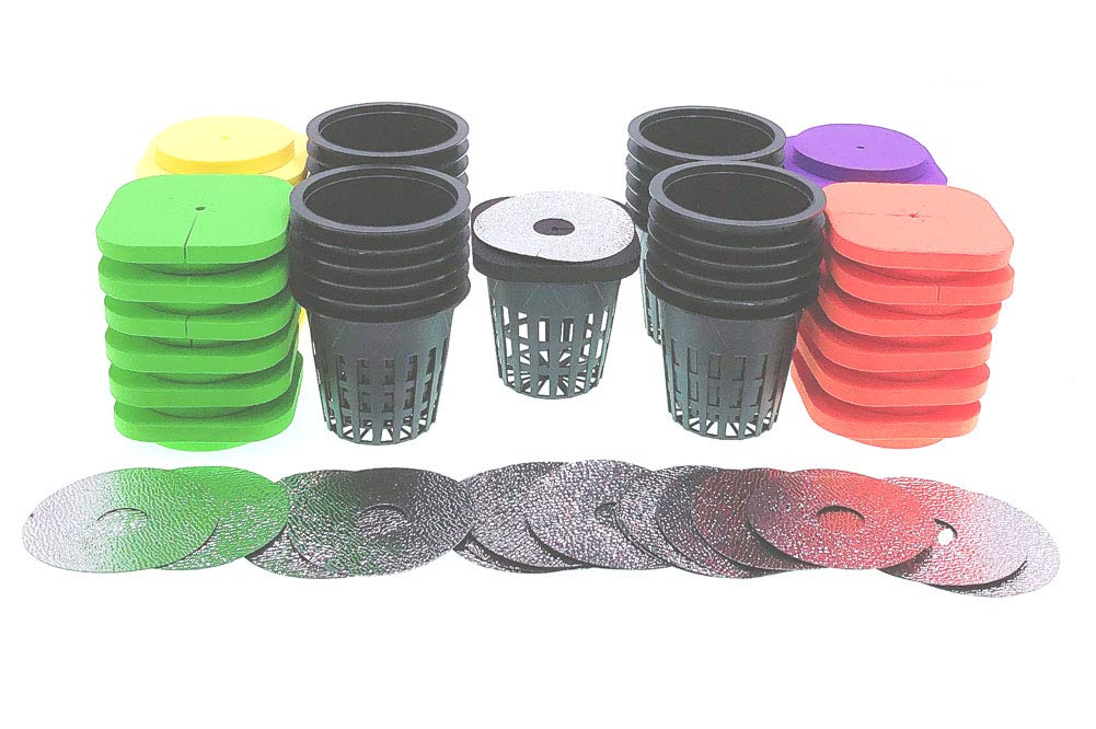 HORTIPOTS 2-Layered Clone Collars w 2 in Net Pots & Reflective Lids, Replacement for 24-Sited DWC Cutting Clone & Seedling Root System (4-Colored Pack of 25)