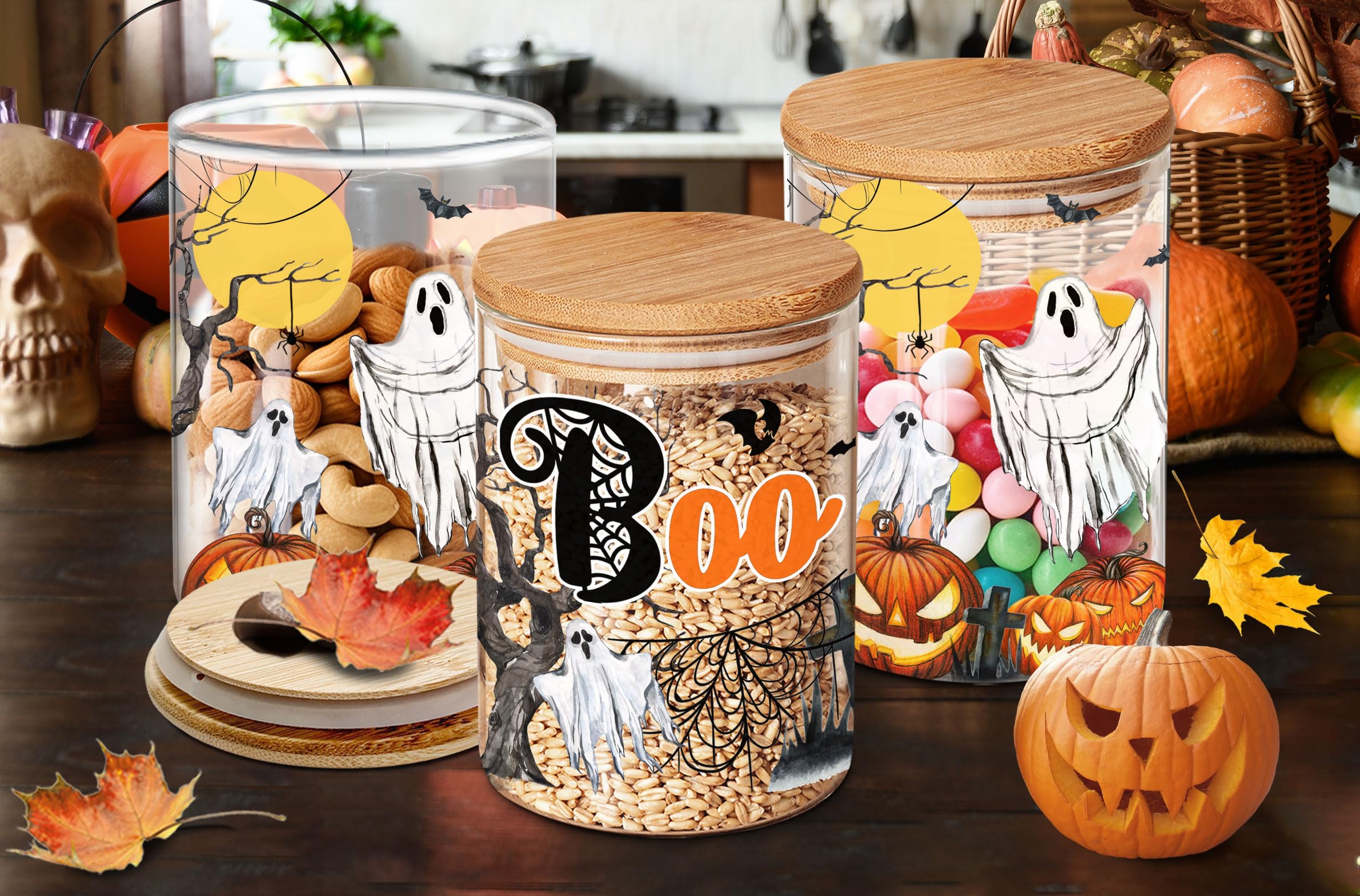 Hexagram 3-Pack Glass Cookie Jar for Halloween Kitchen Decor, 23 oz Candy jar with Bamboo Lids, Canister Sets for Kitchen Counters