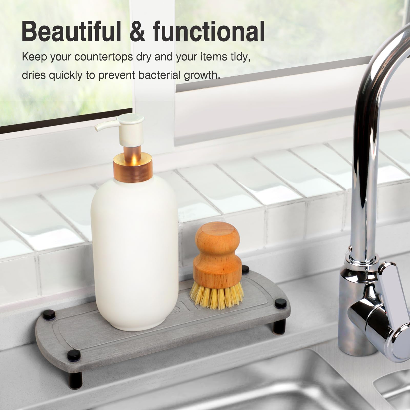 Kibelly Instant Dry Sink Organizer,Kitchen & Bathroom Sponge Soap Rack Dispenser,Countertop Fast Drying Tray Holder,Stainless Steel & Rubber Base Protection