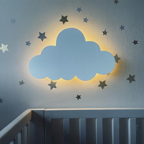KALEOLI Nursery Cloud Light (Pack of 1) - 68 Star Wall Decals - Rechargeable (no Cord) - Baby Room Decor - Cloud Lights for Bedroom - Floating Cloud Lamp for Bedroom - Adjustable Dimmer - Timer