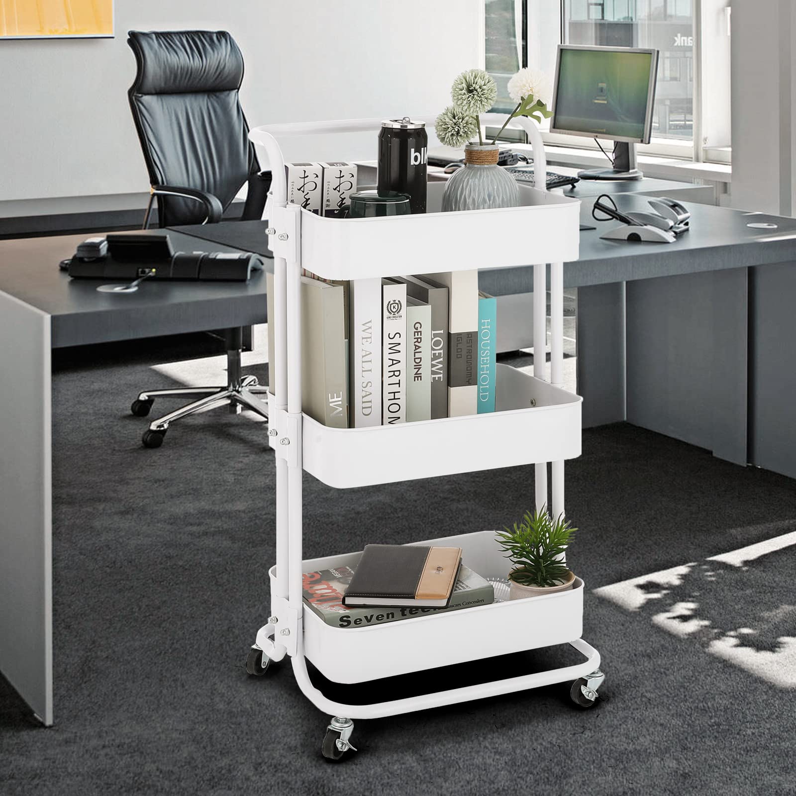KVLUAY 3 Tier Utility Rolling Cart with Handle,Metal Rolling Organization Cart,Multifunctional Storage Cart with Lockable Wheels,Suitable for Office Living Room Bathroom Kitchen (White)