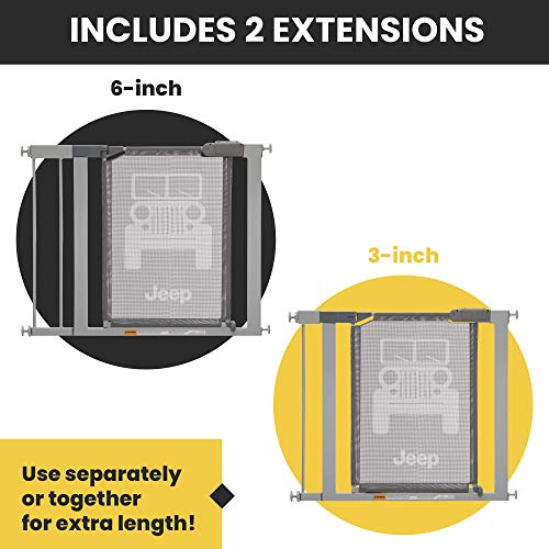 Jeep Adjustable Baby and Pet Safety Gate by Delta Children | Easy Fit | Pressure Mount | Design with WalkThrough Door โ Fits Openings Between 28.5-40 Inches Wide, Grey