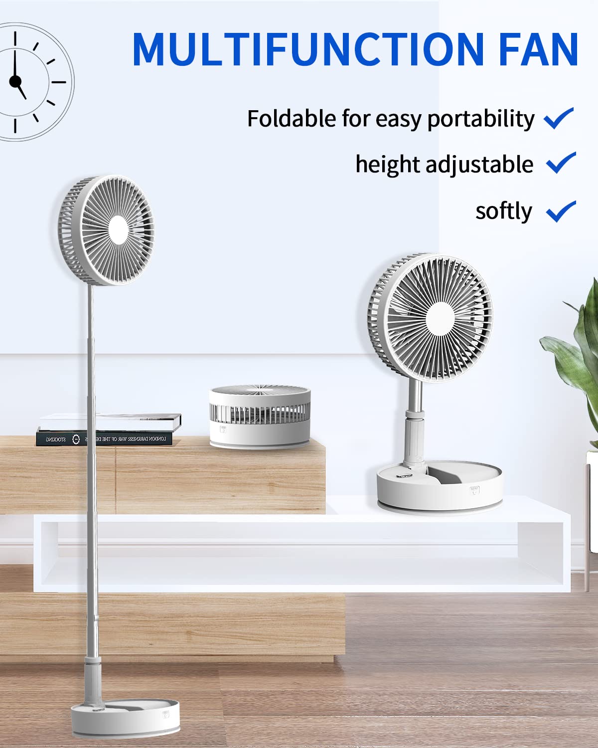 Oscillating Fan with Remote Control, 7200mAh Rechargeable Battery Operated Travel Fan for Camping, 4 Speed, Timer, Height Adjustment Portable Foldable Fan for Travel , Outdoor, Home (White)