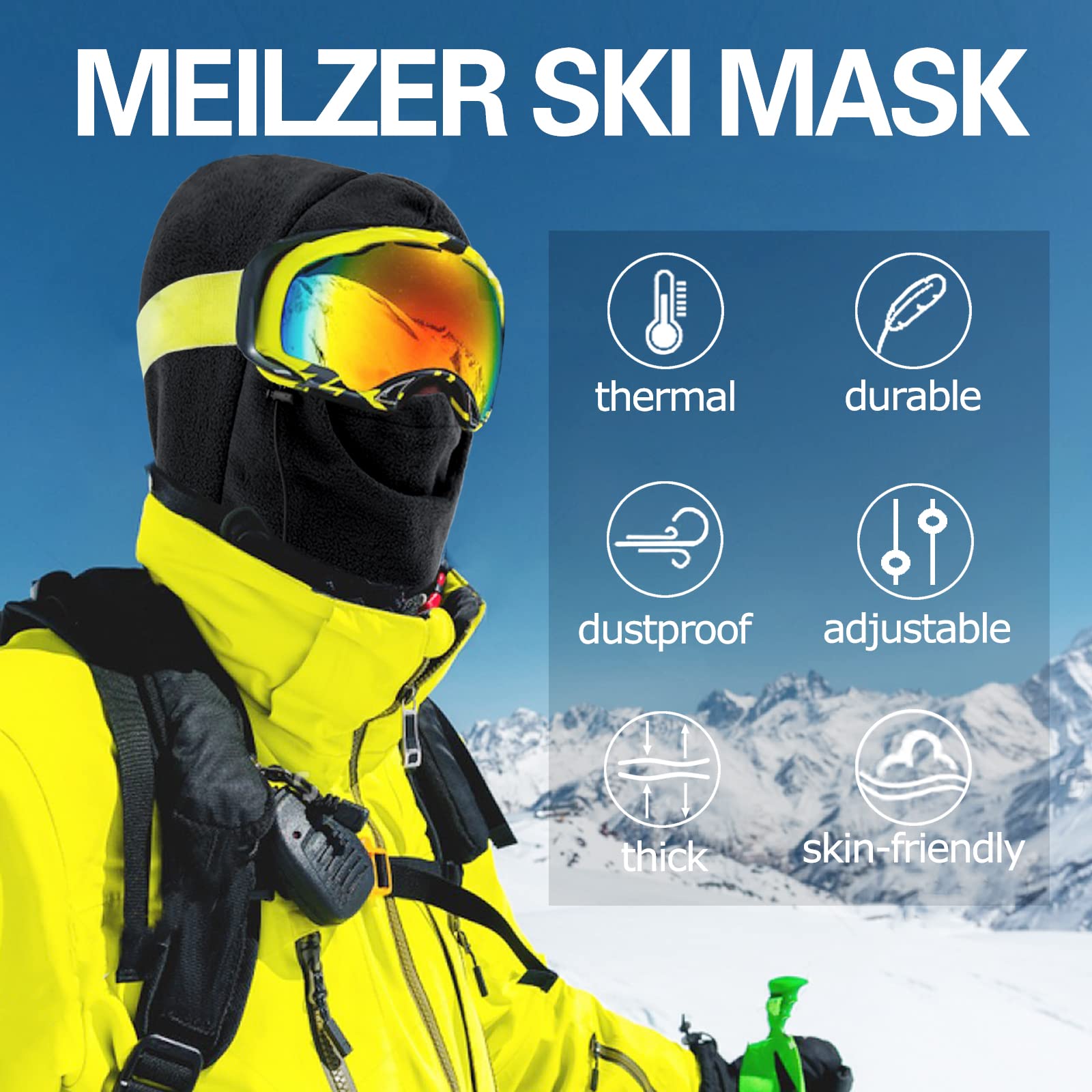 Meilzer Ski Mask for Men/Women Balaclava Face Mask Windproof Hood Adjustable Neck Warmer for Cold Weather Heavyweight (Black)