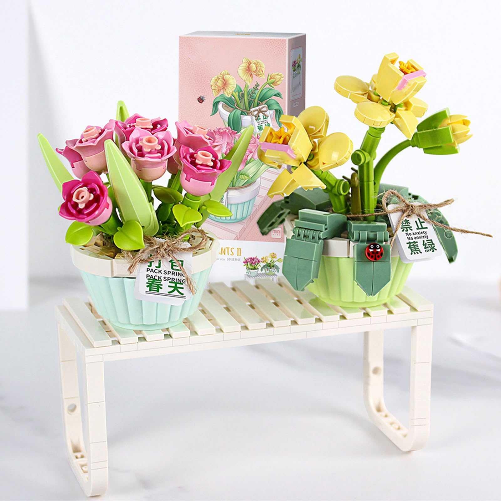 MEIEST Mini Building Blocks Bonsai Plant Model Set,2 in 1 Creative DIY Simulation Particle Flower Succulent Botanical Collection Construction Building Bricks Toy for Kids Adult Home Decor (Spring)