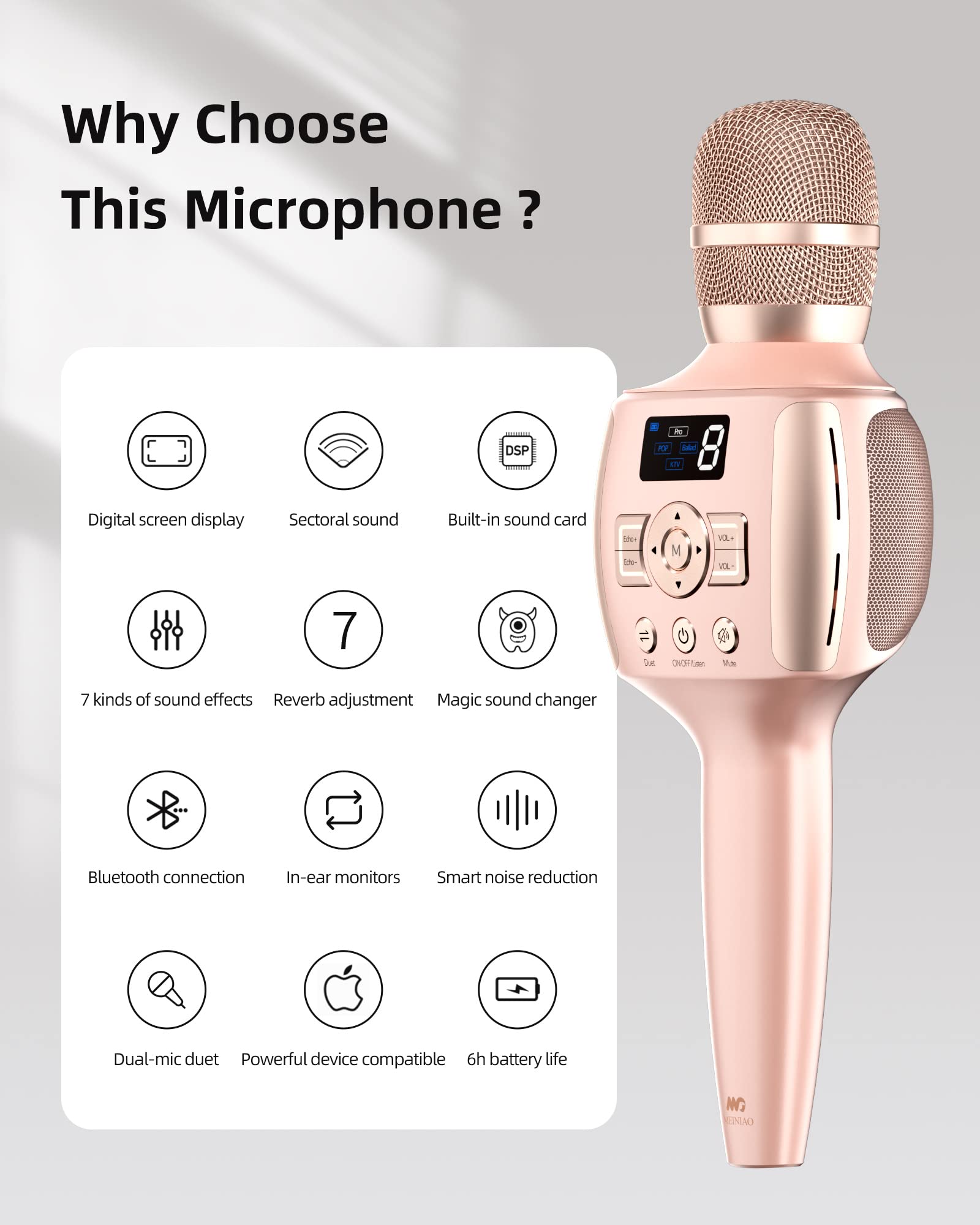 MEINIAO Karaoke Microphone with Digital Screen, Handheld Portable Bluetooth Microphone for Party, Karaoke, Music, & Recording All iOS Android Pc A2(Pink)