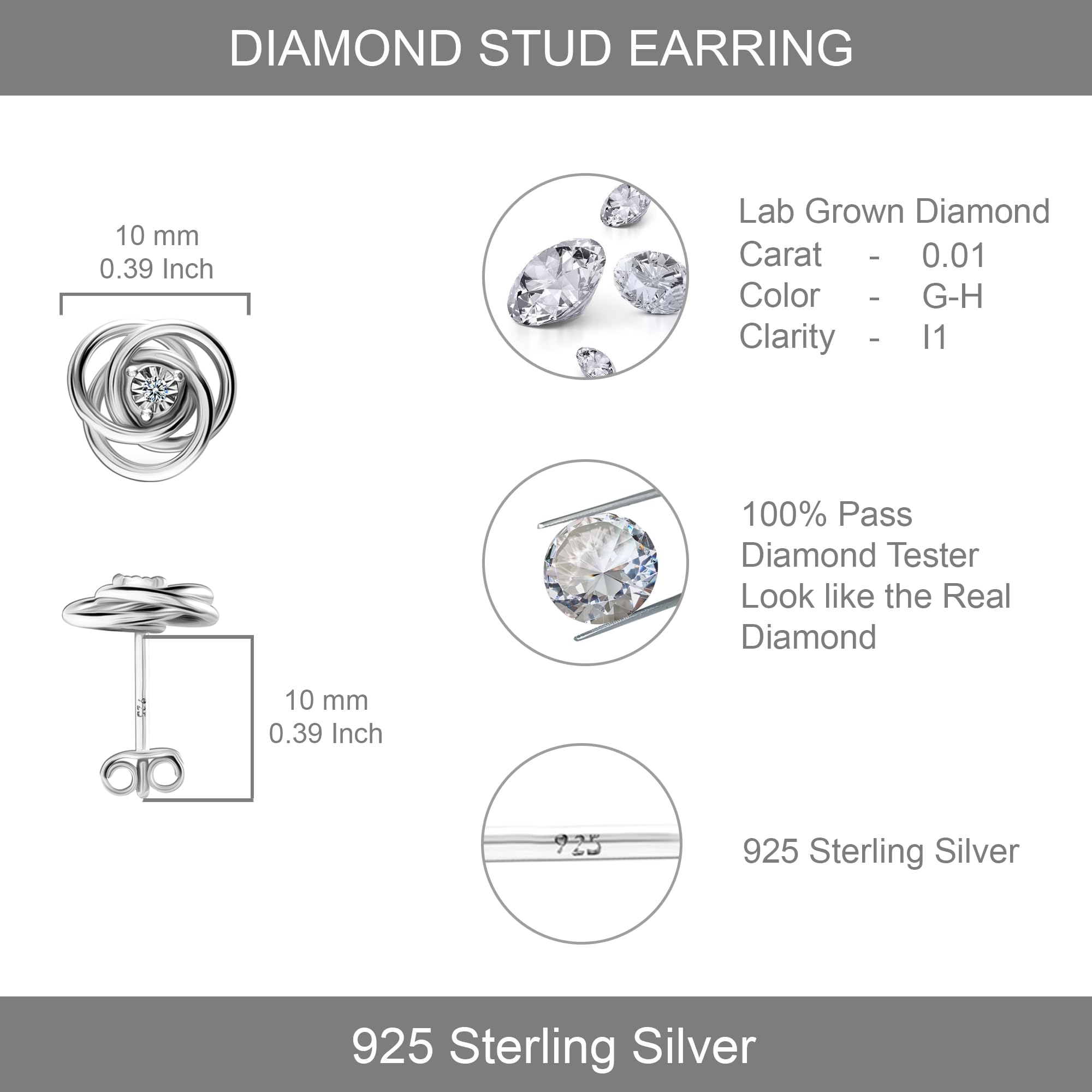 LeCalla 925 Sterling Silver Diamond Stud Earrings Love Knot Earring for Women 0.01 Ct Lab Grown Diamond for Womens and Teen