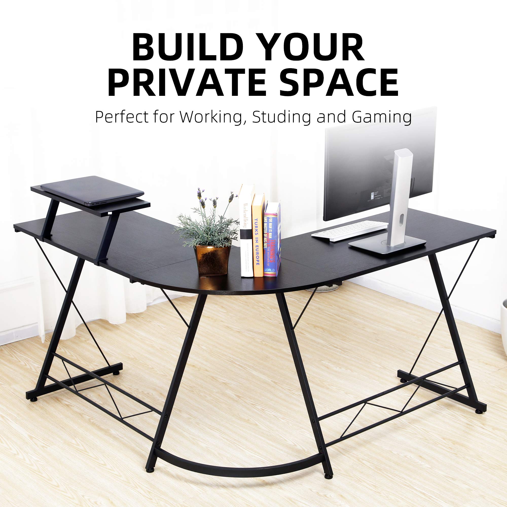 IDEALHOUSE L Shaped Computer Desk, Corner Home Office Desk, Space Saving Gaming Computer Desk PC Table Workstation with Large Monitor Stand, 50.59x50.59x29.33inch (Black)