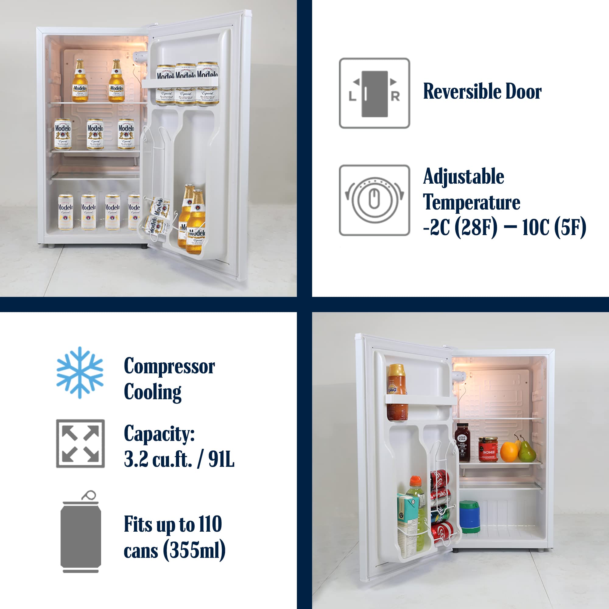 Modelo 3.2 cu ft (90L) refrigerator Compact Fridge with Bottle Opener White Space Saving Flat Back Design Reversible Door Adjustable Temperature Control Tempered Glass Shelves Office home bar Room RV