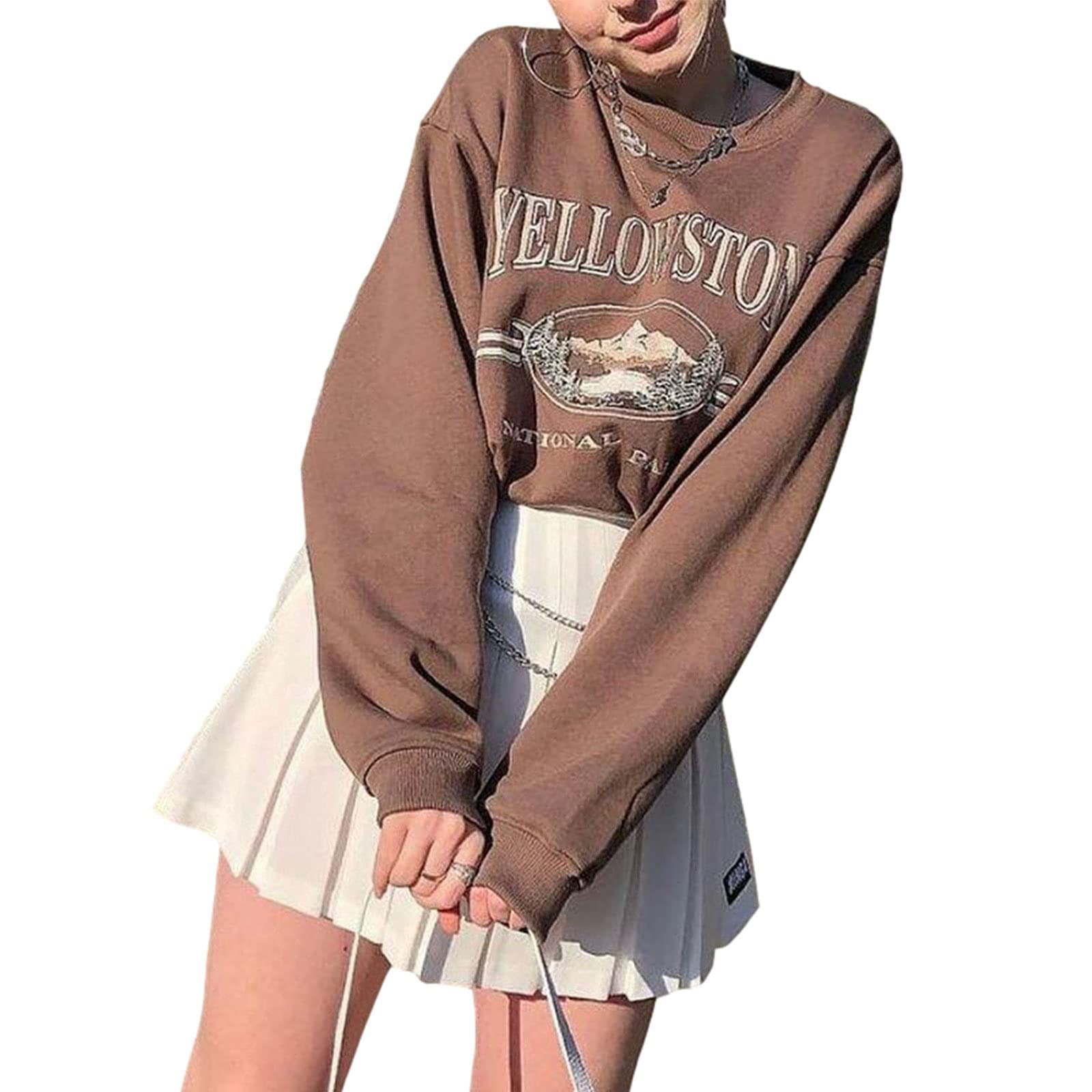 KOSUSANILL Women Graphic Crewneck Sweatshirt Y2k E Girl Aesthetic Vintage Printed 90s Streetwear Casual Long Sleeve Going Out Tops Pullover (Brown Letter, Large)
