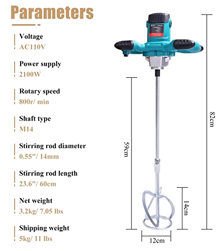 Portable Concrete Mixer 110V 2100W Electric Handheld 6 Gears for Thinset Cement Plaster Grout Paint Mud Mixing with 23.6" Stirring Rod (Blue)