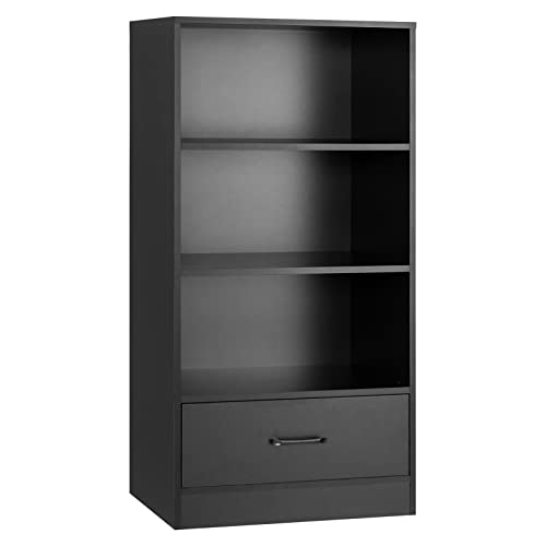 Tangkula 3 Tier Bookcase with Drawer, 48”Tall Freestanding Bookshelf with 3 Open Shelves & 1 Drawer, Anti-toppling Devices, Modern Display Storage Organizer for Home Office (Black, 48" H)