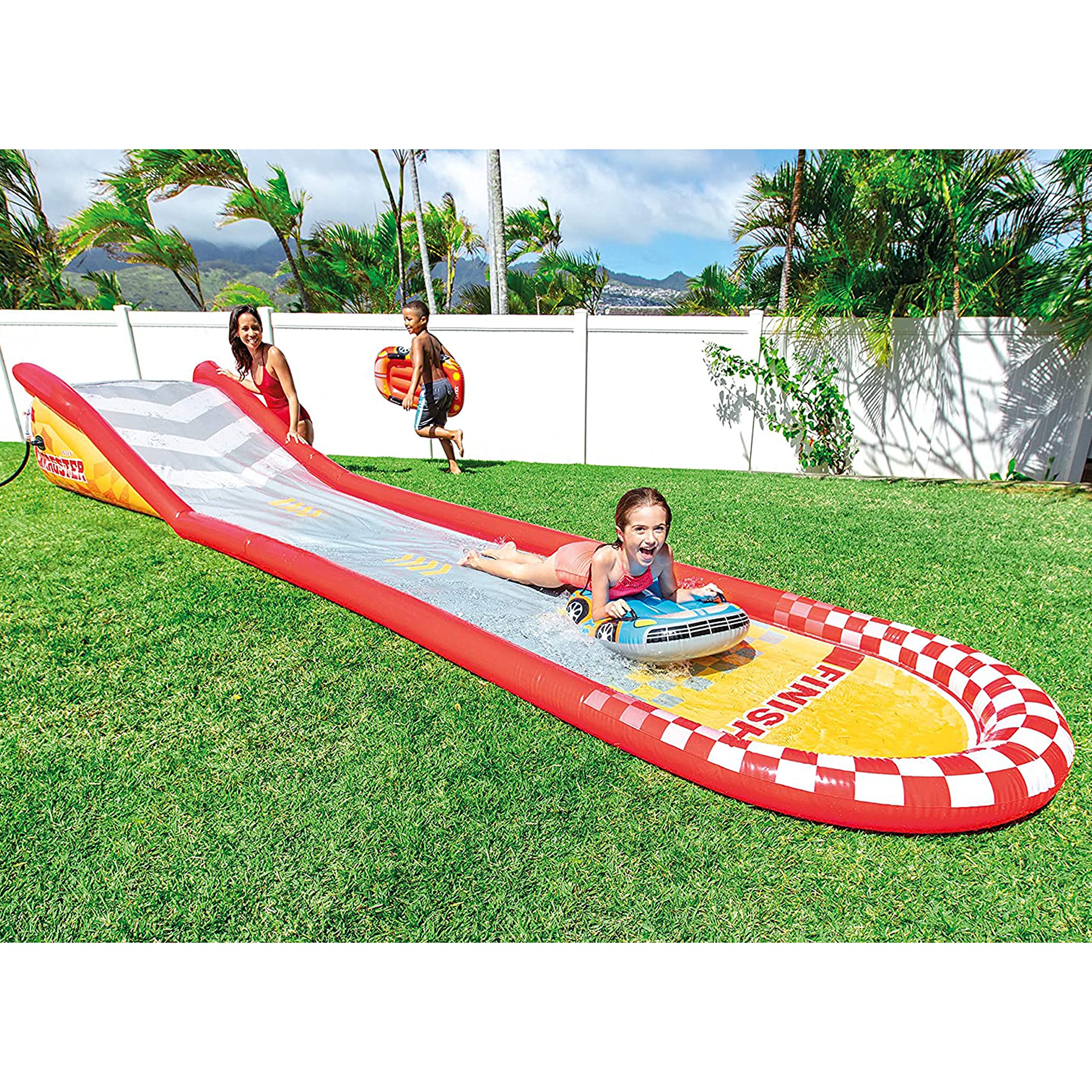 Intex 57167EP 18.5 Foot Long Inflatable Racing Fun Water Slide Track with 2 Surf Car Riders and Built-in Sprayer for Ages 6 and Up