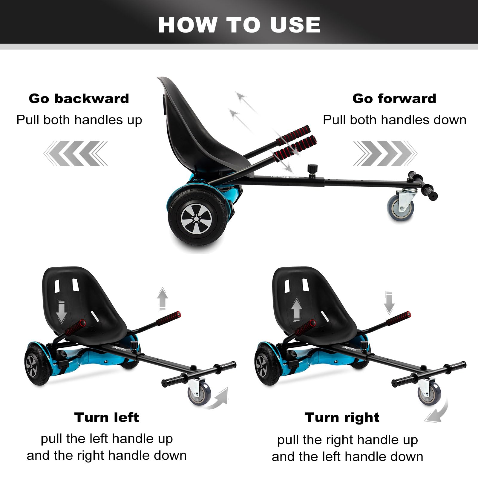 Hoverboard Go Kart Seat Attachment Hoverboard Accessories Conversion Kit, Adjustable Frame, Suitable for Kids Adults, Compatible with 6.5'' 8'' 10'', Transforming into Go-Kart, Blue