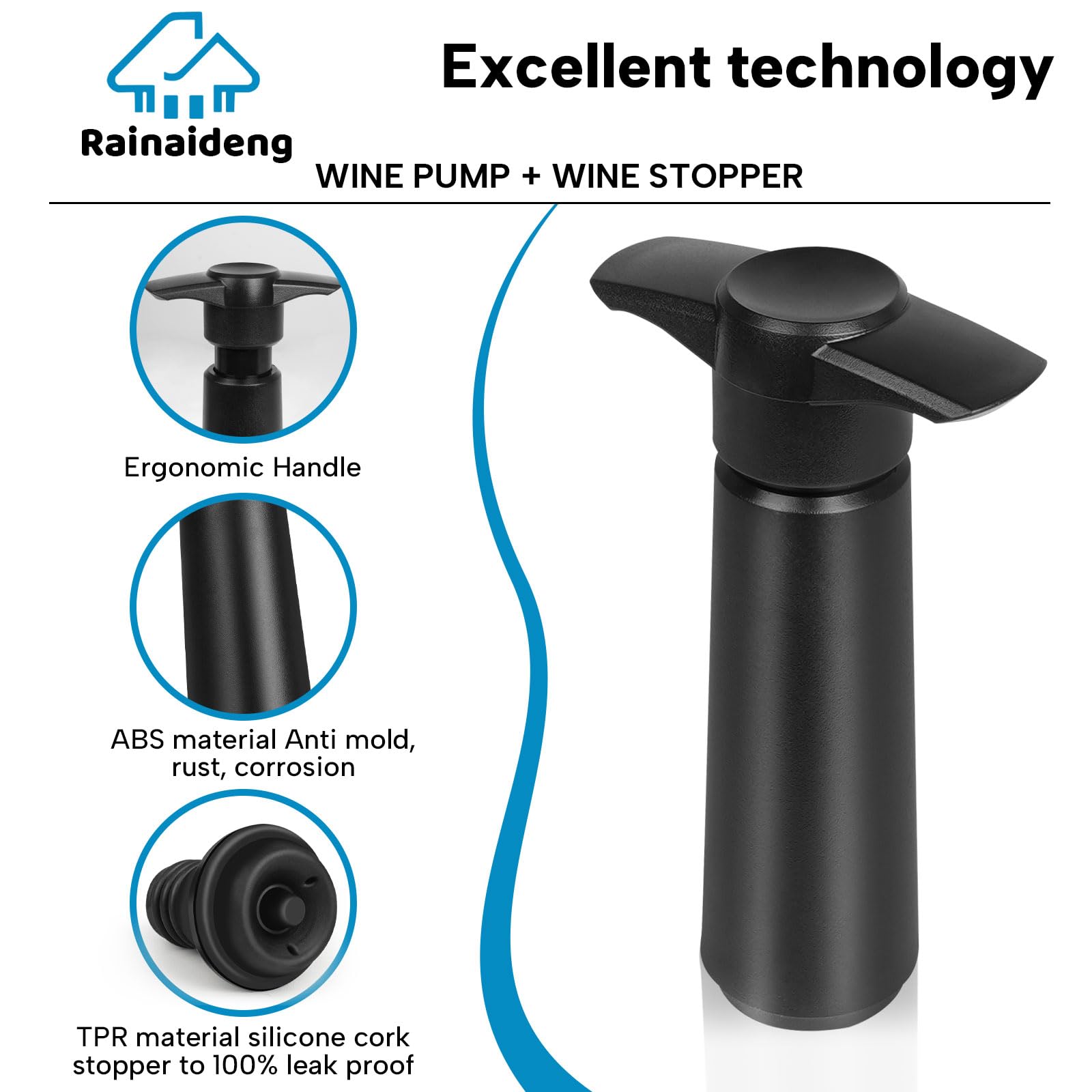 Rainaideng Wine Saver Pump with 6 Vacuum Stoppers,Wine Stopper, Wine Preserver, Wine Pump and Wine Vacuum Stopper are Black,Reusable Bottle Sealer Keeps Wine Fresh, Ideal Wine Accessories Gift