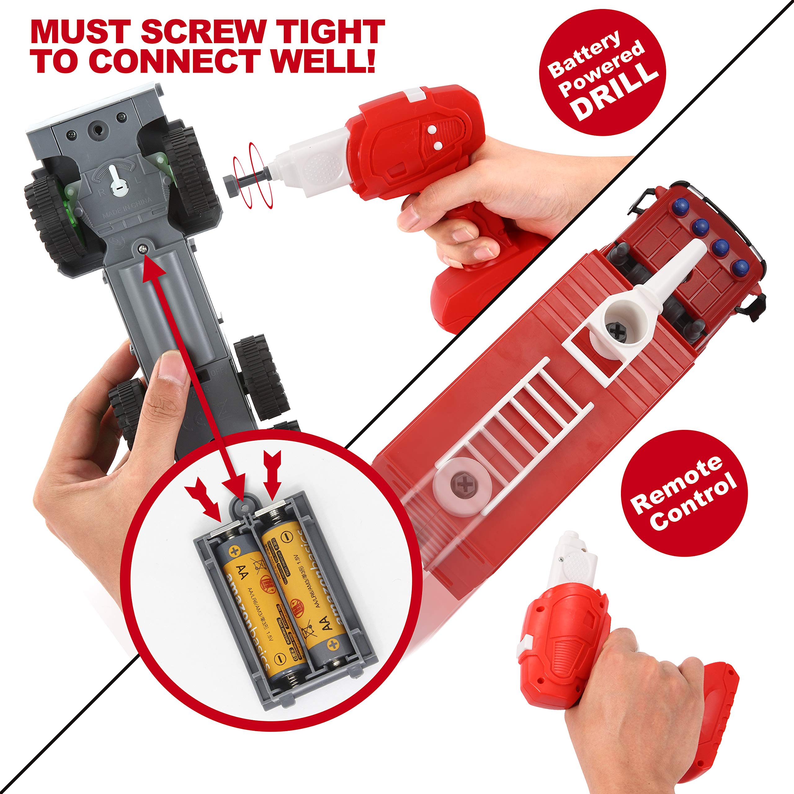 JOYIN 4 in 1 Take Apart Fire Truck Toys with Drill Converts to 5 Types of Fire Rescue Trucks Remote Control Car Fire Engine Trucks for Boys