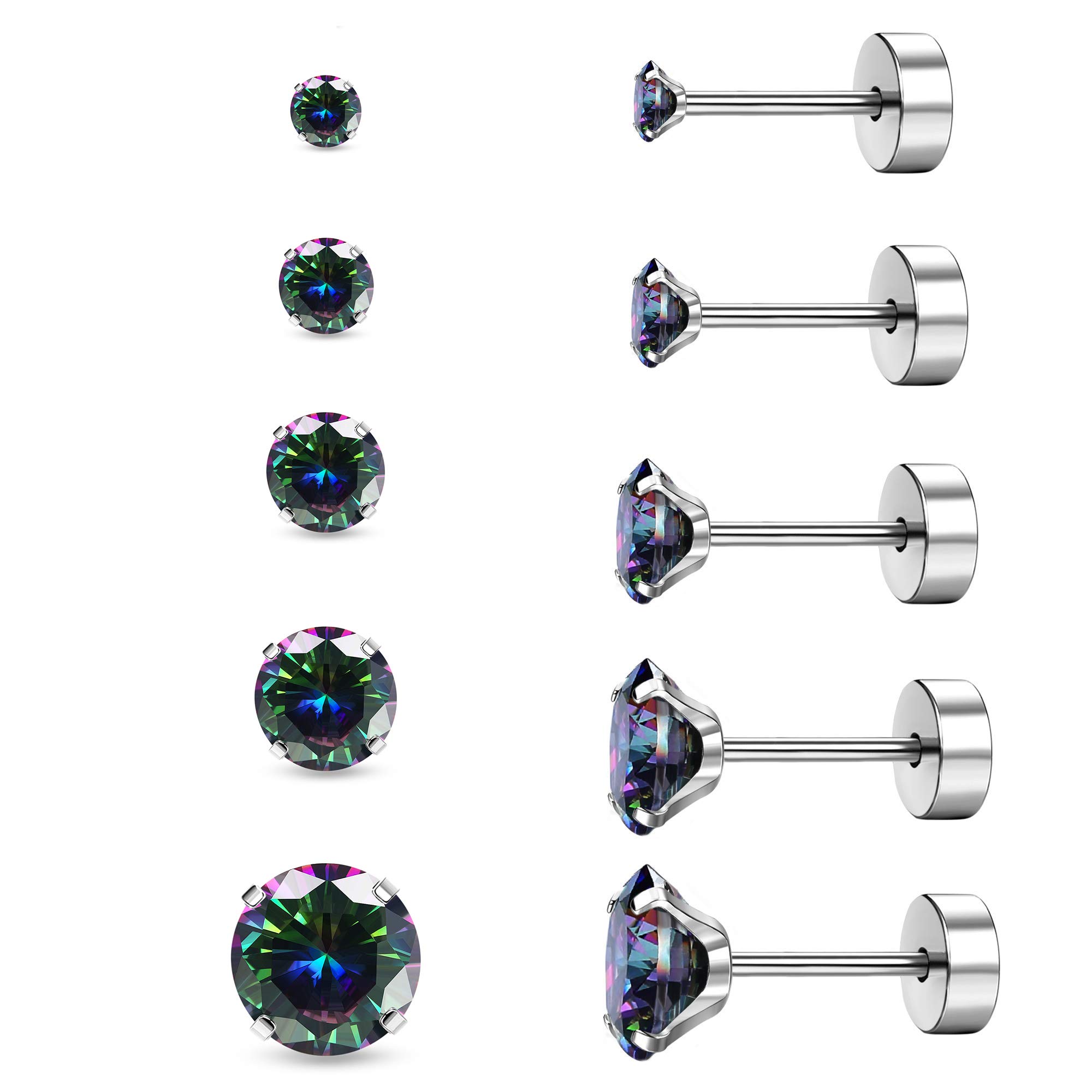 Jstyle 5Pairs 18G Stainless Steel CZ Stud Earrings for Women Men Cartilage Helix Earrings Set Round CZ Screw back Flat Back Stud Earring Piercing Set 3-8mm
