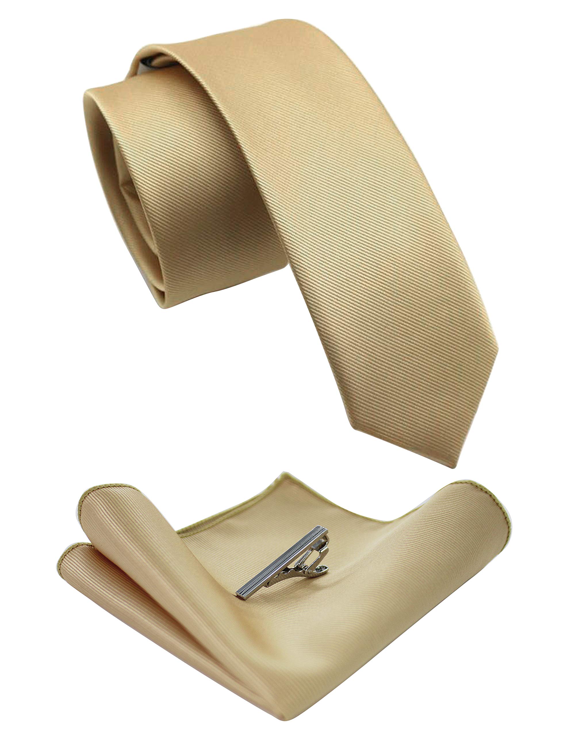 JEMYGINS 2.4" Gold Skinny Tie and Pocket Square with Tie Clip Silk slim Necktie Sets for Men
