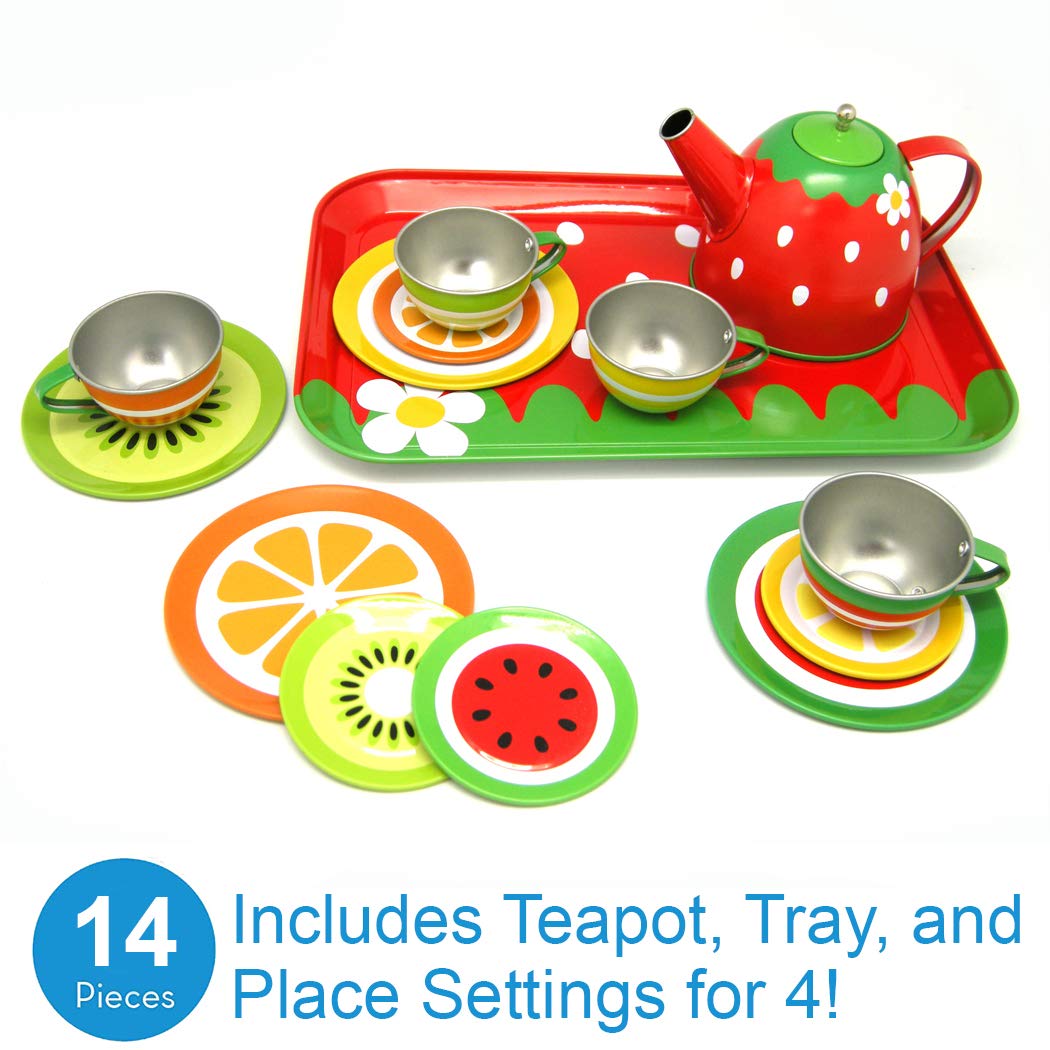 Kids Fruit Themed Tin Tea Party Toy Set - Metal Teapot and Cups for Childrens Kitchen Pretend Play (14 Pieces)