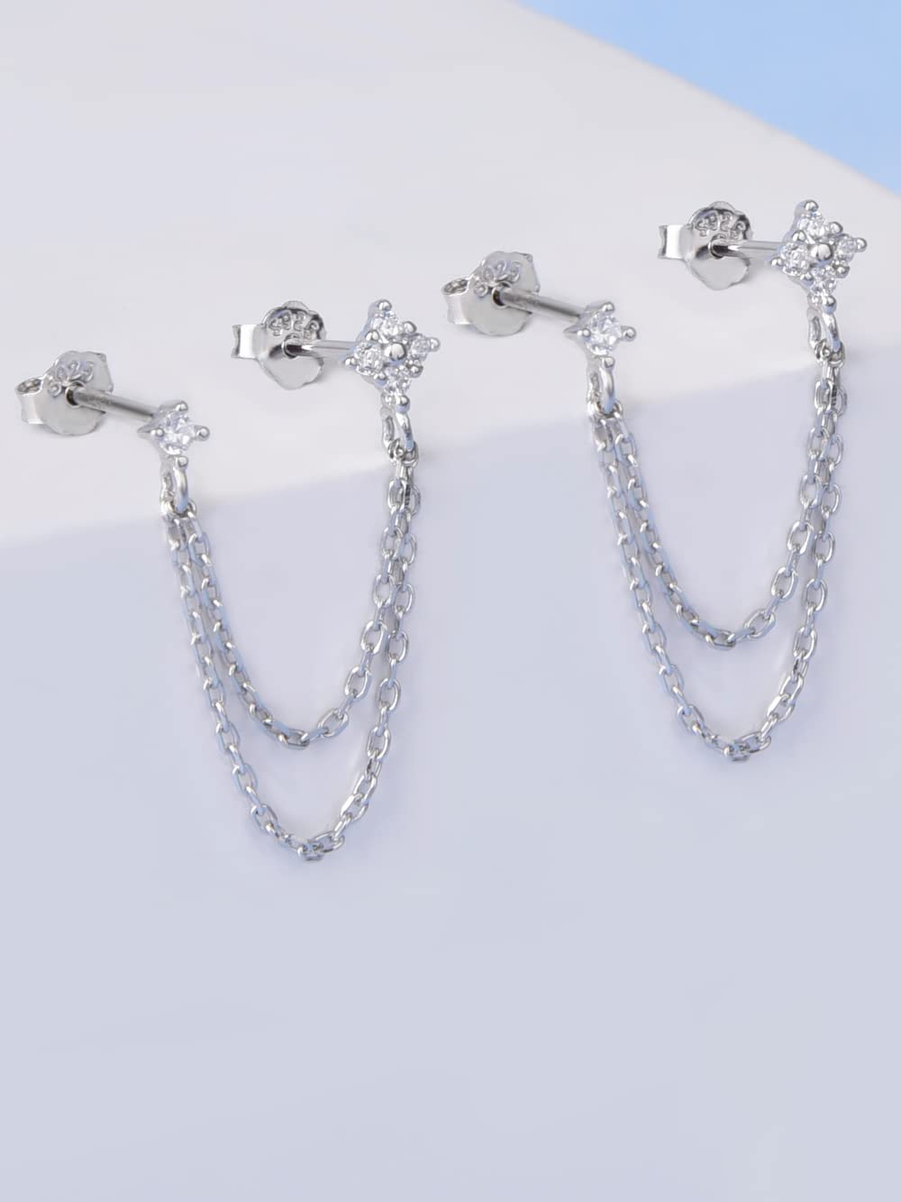 Lansora Double Piercing Earrings Silver Gold Cz Cubic Zirconia Stone Chain Link Dangle Stud Earrings