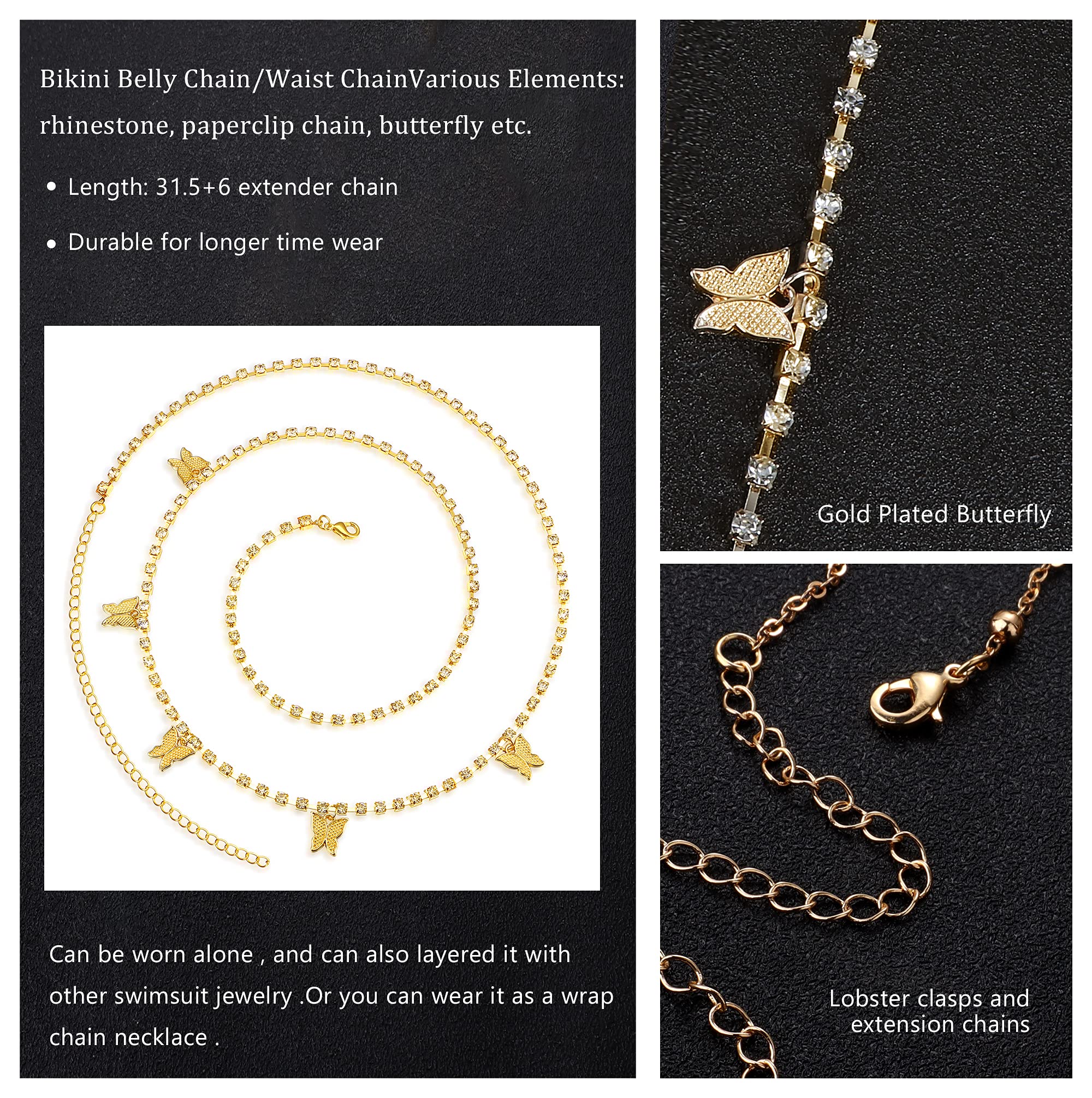 Jstyle 6Pcs Belly Chain Layered Waist Chain Butterfly Rhinestone Beach Bikini Body Chain Sexy Adjustable Tassel Waist Chain